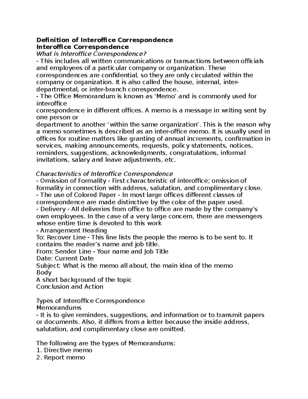 Interoffice Correspondence: Types and Characteristics Explained - Studocu