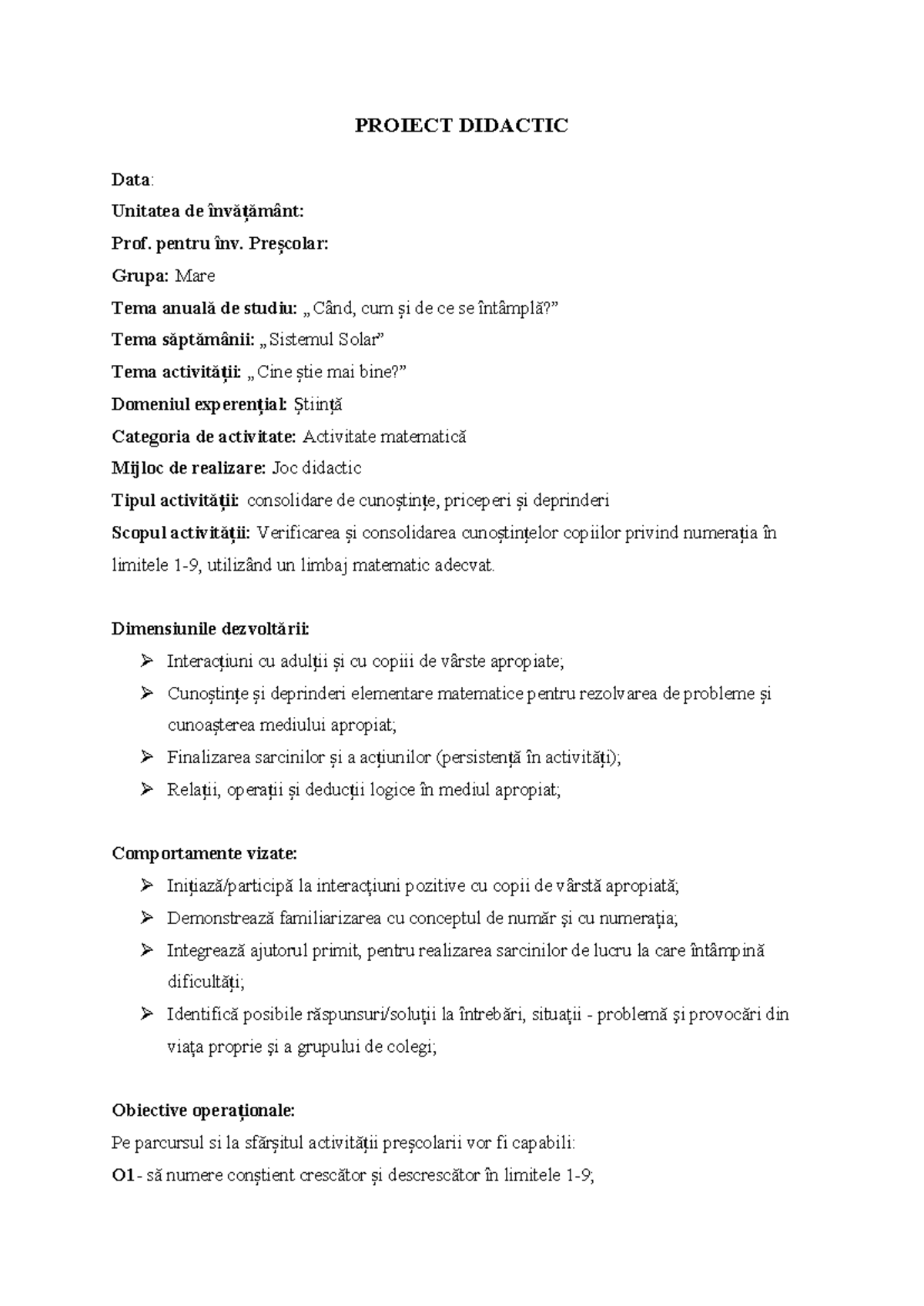 Proiect Didactic Inovator: Activitate Matematică pentru Preșcolari ...