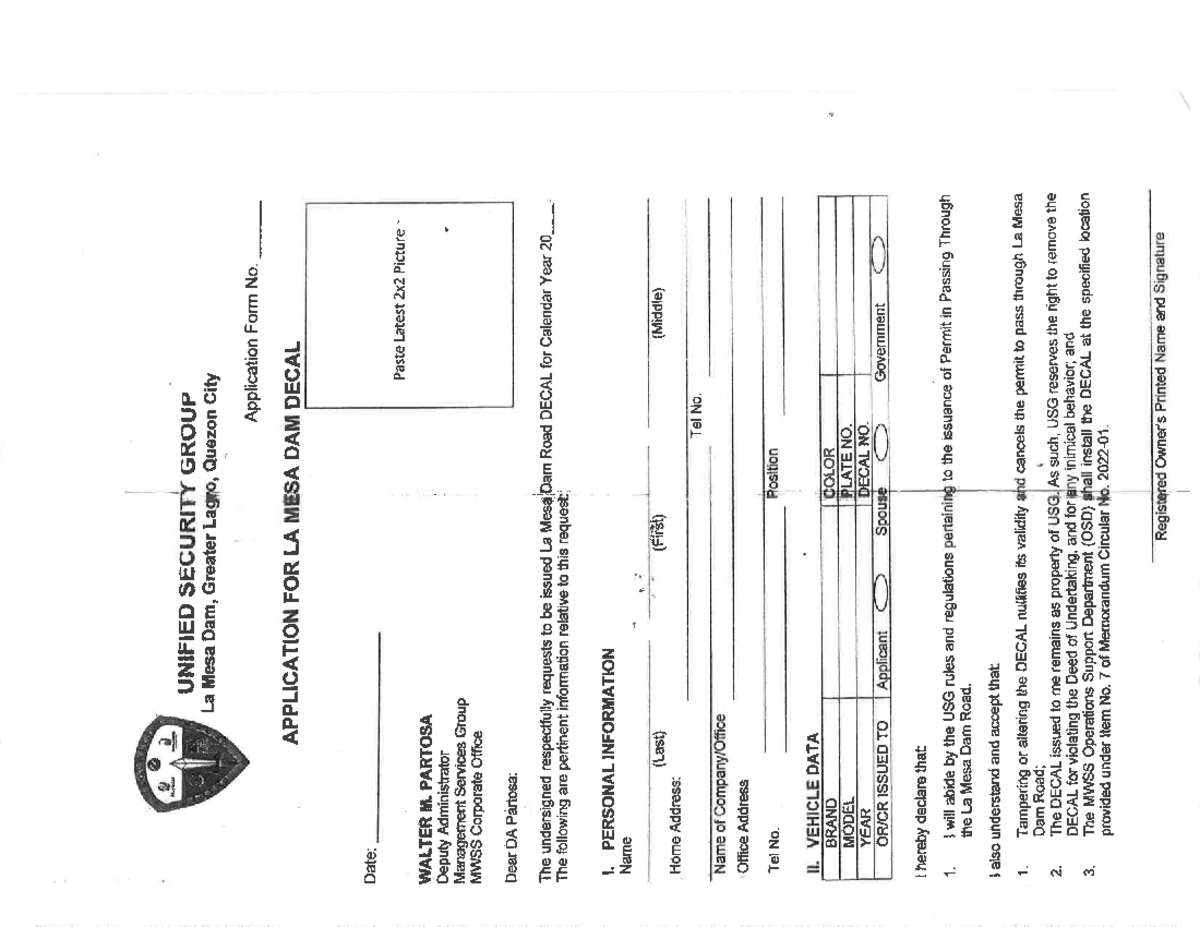 La Mesa Dam Decal Application Form - Unified Security Group - Studocu