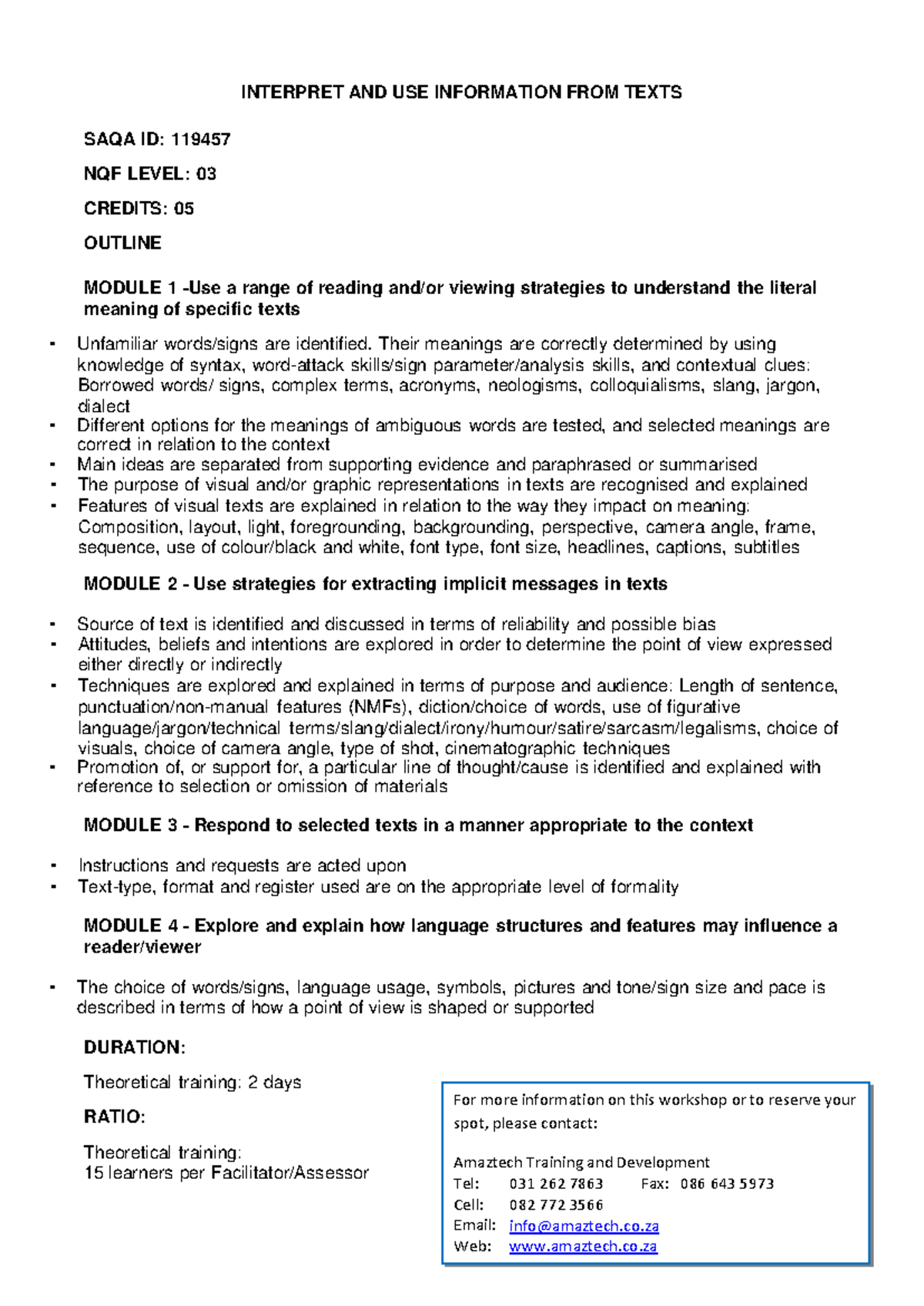 Interpretation and Usage of Texts - SAQA ID 119457: NQF Level 03 - Studocu