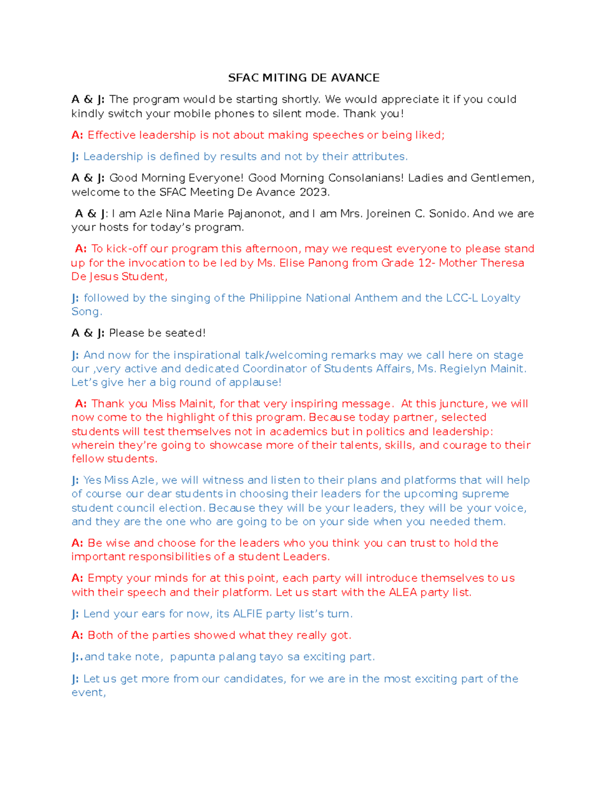 SFAC 2023 Miting De Avance Script: Leadership & Elections - Studocu