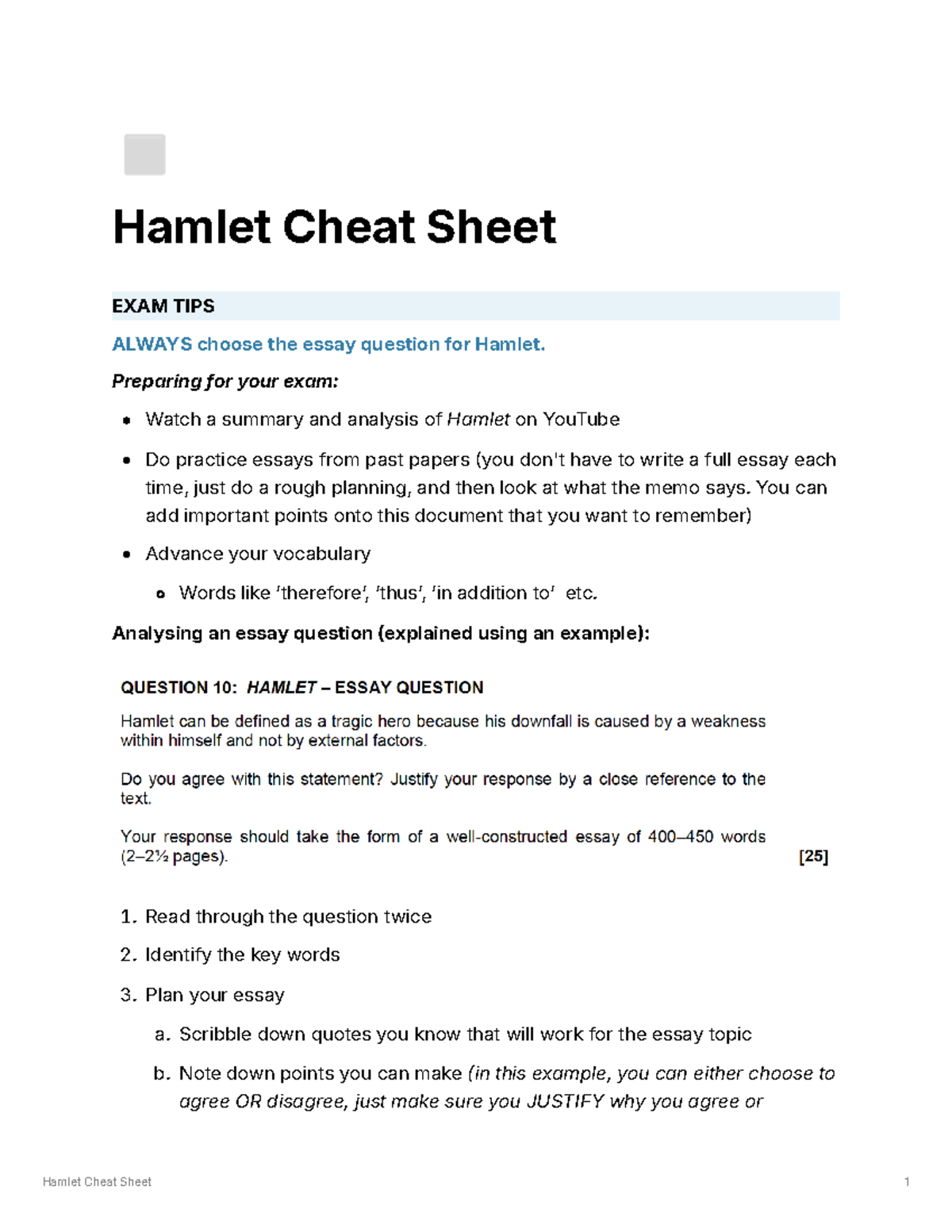 Hamlet (ENG101) Final Exam Cheat Sheet and Study Guide - Studocu