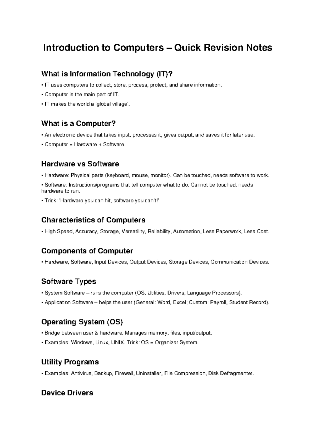 Intro to Computers (IT101) Quick Revision Notes - Studocu