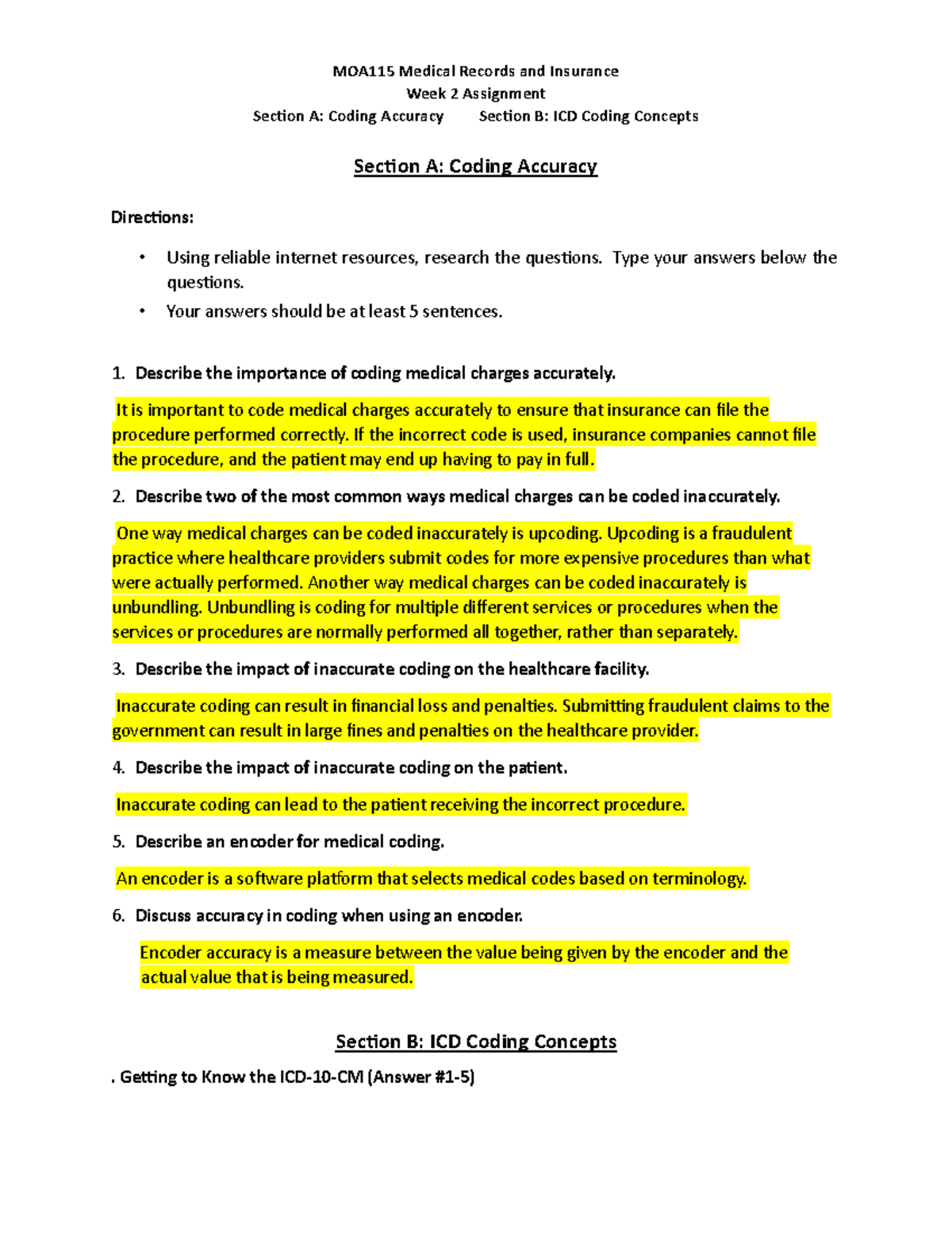 MOA115 Week 2 Assignment: Medical Coding Accuracy & ICD Concepts - Studocu