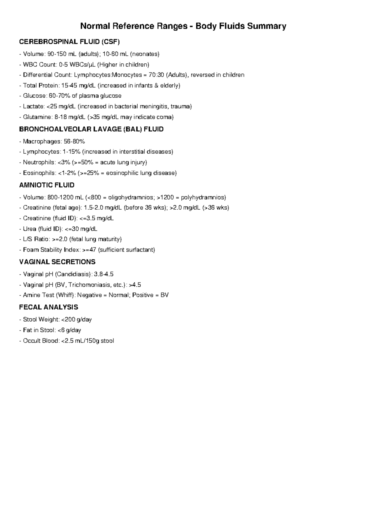 Normal Reference Ranges for Body Fluids Summary (CSF, BAL, Amniotic ...