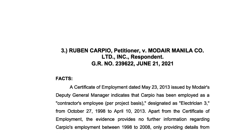 Carpio v. Modair Manila Co. Ltd. G.R. No. 239622 Case Summary - Studocu