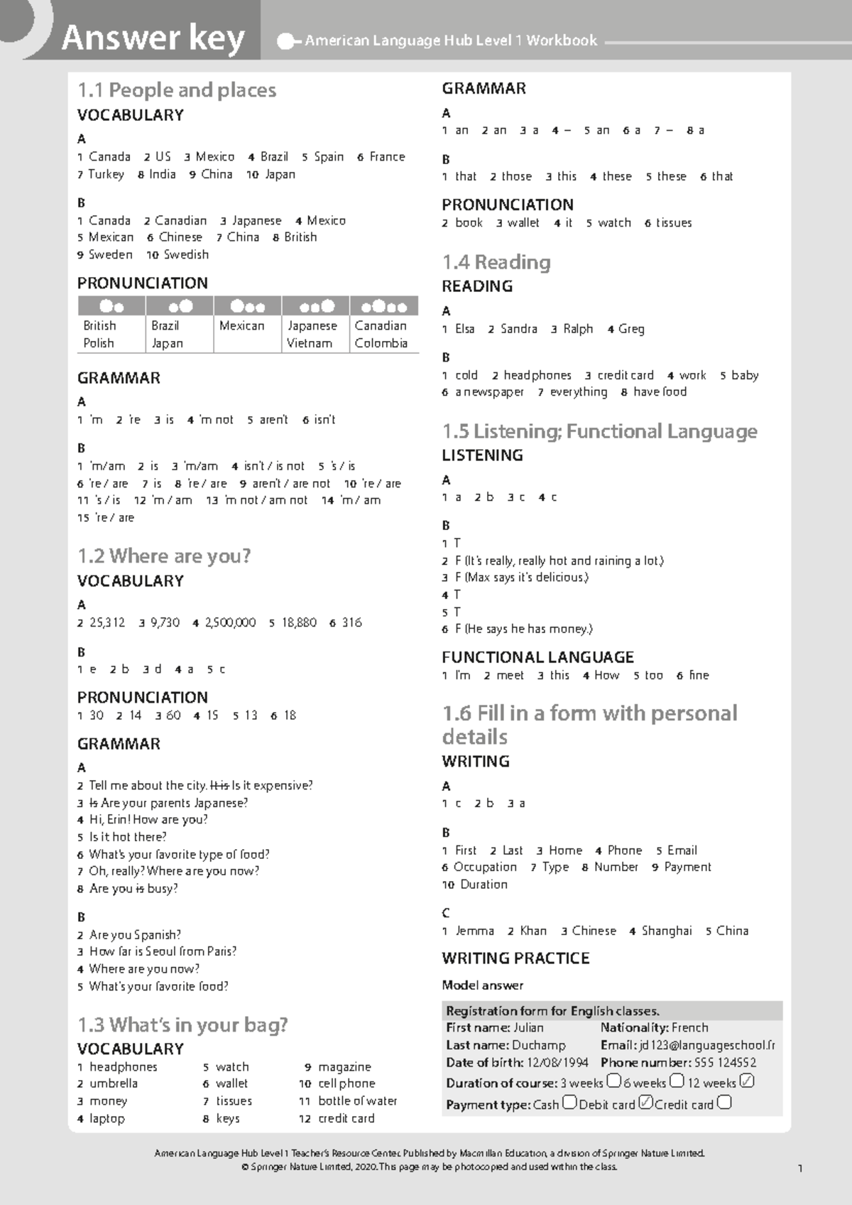 Answer Key for American Language Hub Level 1 Workbook - Studocu