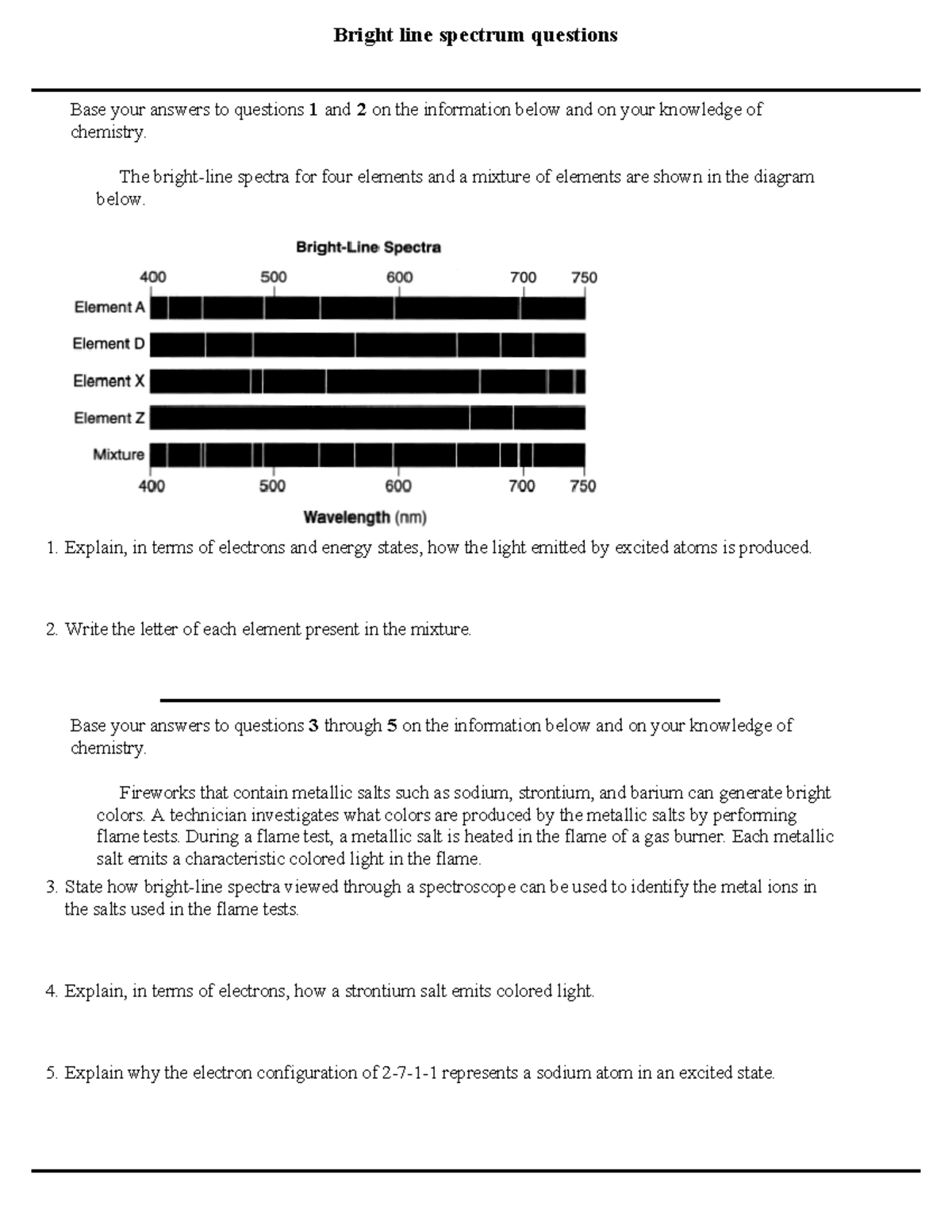 Bright-Line Spectrum Short Answer Questions SC: Chemistry Insights ...
