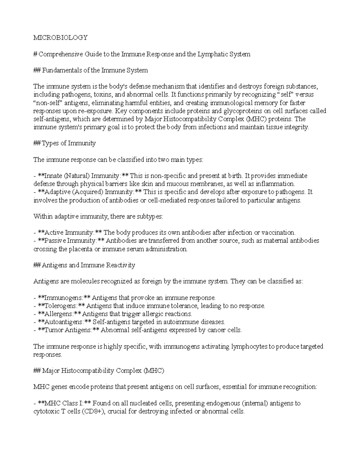 MICROBIOLOGY Comprehensive Guide to the Immune Response and Lymphatic System - Studocu
