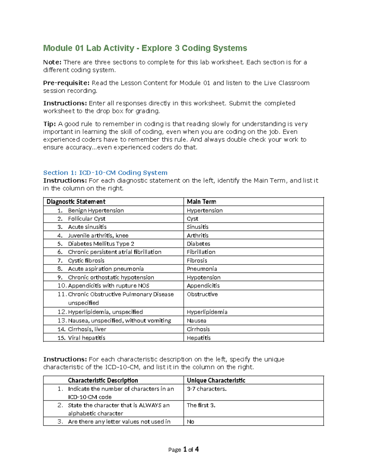 Module 01 Lab Worksheet Exploring Icd 10 Cm And Cpt Coding Systems