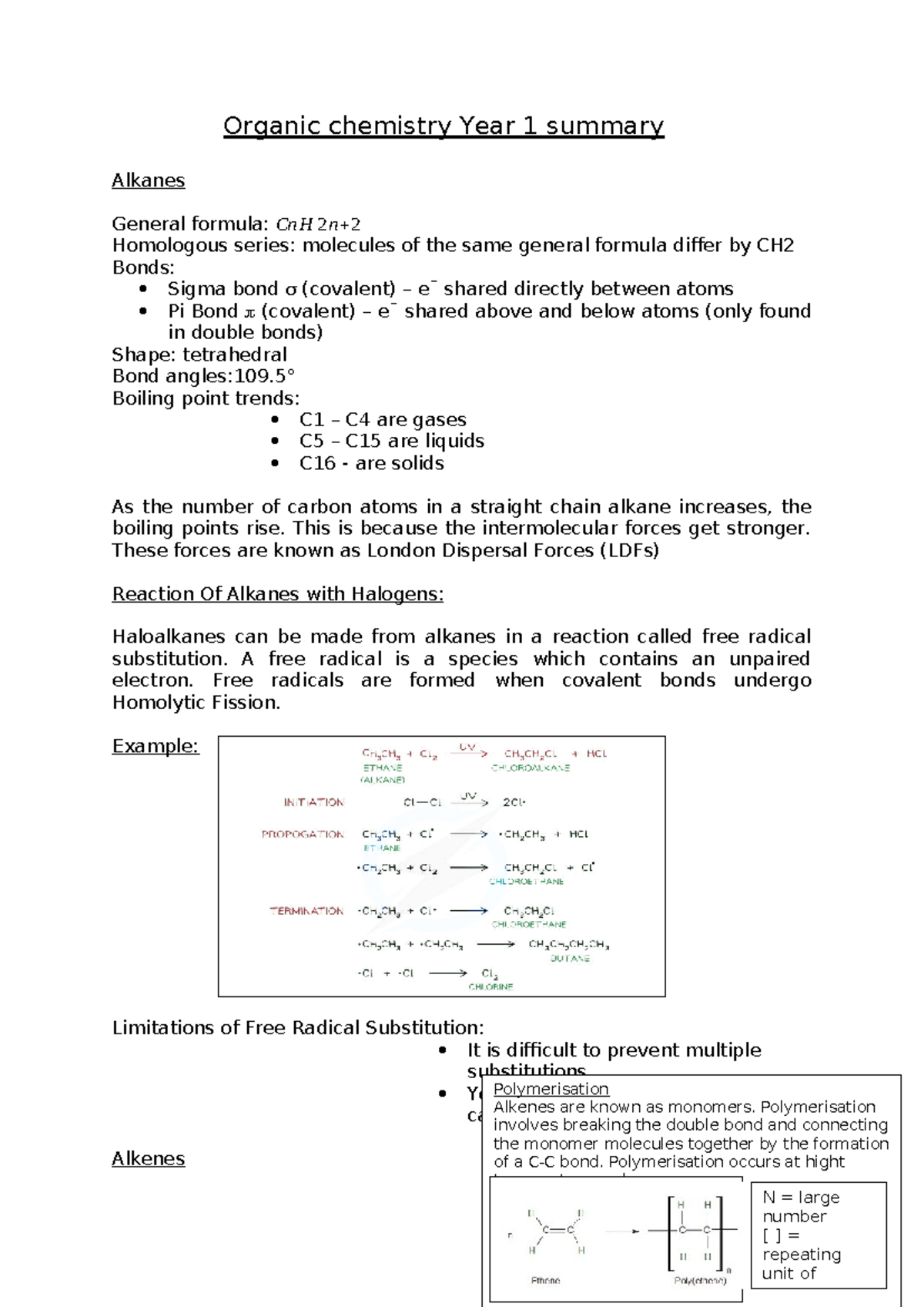 Organic Chemistry Year 1 Summary: Alkanes & Alkenes Overview - Studocu