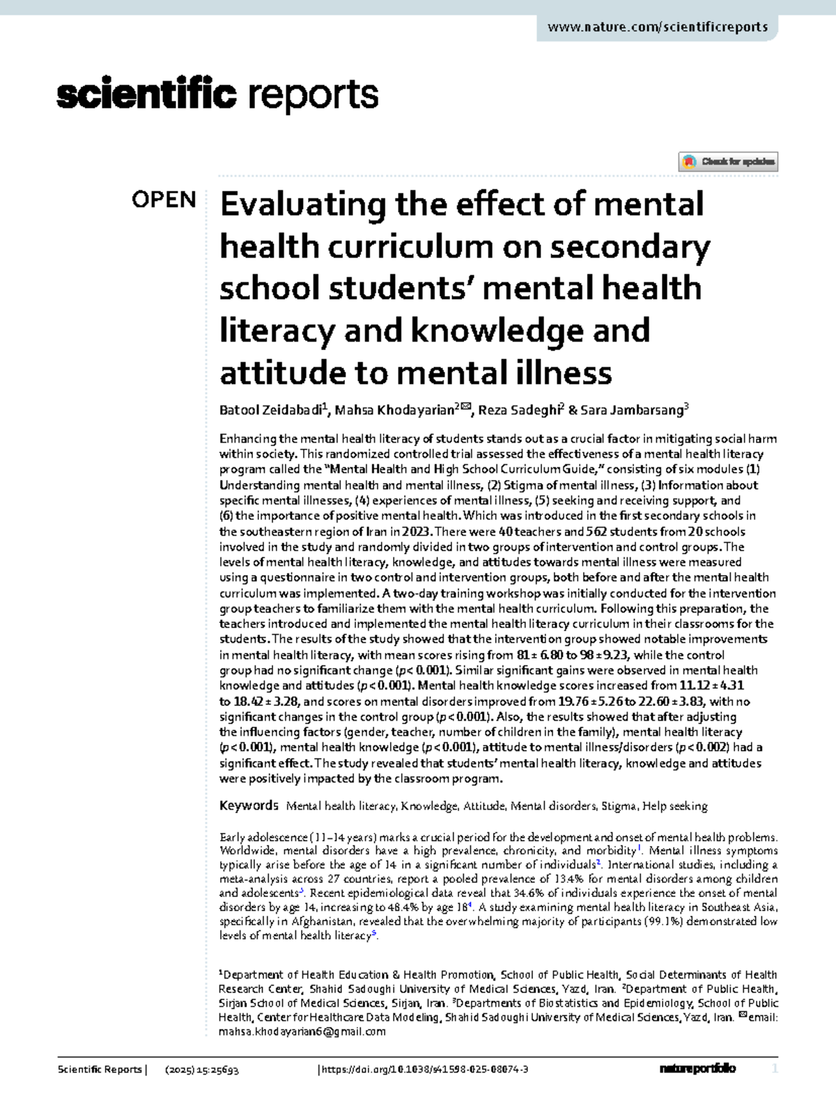 Evaluating the Impact of Mental Health Curriculum on MHL in Secondary ...