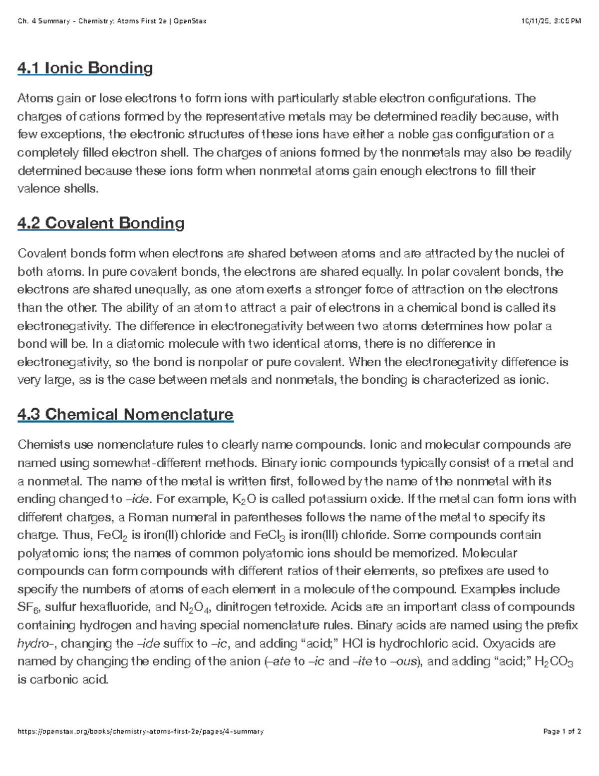 Ch. 4 Summary: Ionic & Covalent Bonding in Chemistry (Atoms First ...