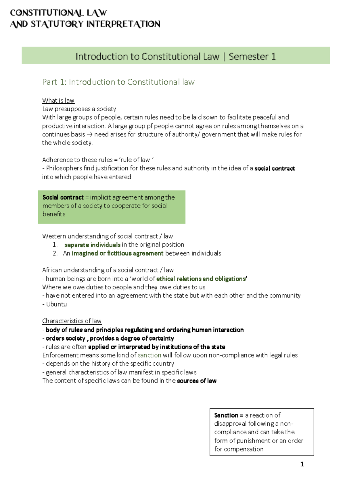 Constitutional Law & Statutory Interpretation - Study Notes S1 - Studocu