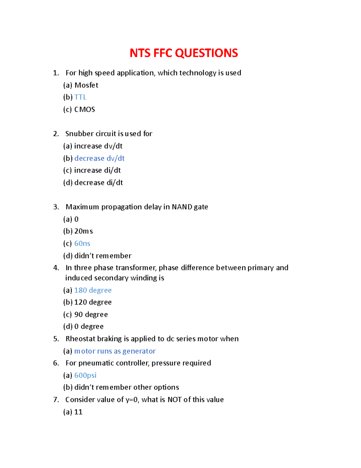 FFC solved 2 - Electrical Engineering Test - NTS FFC QUESTIONS For high ...