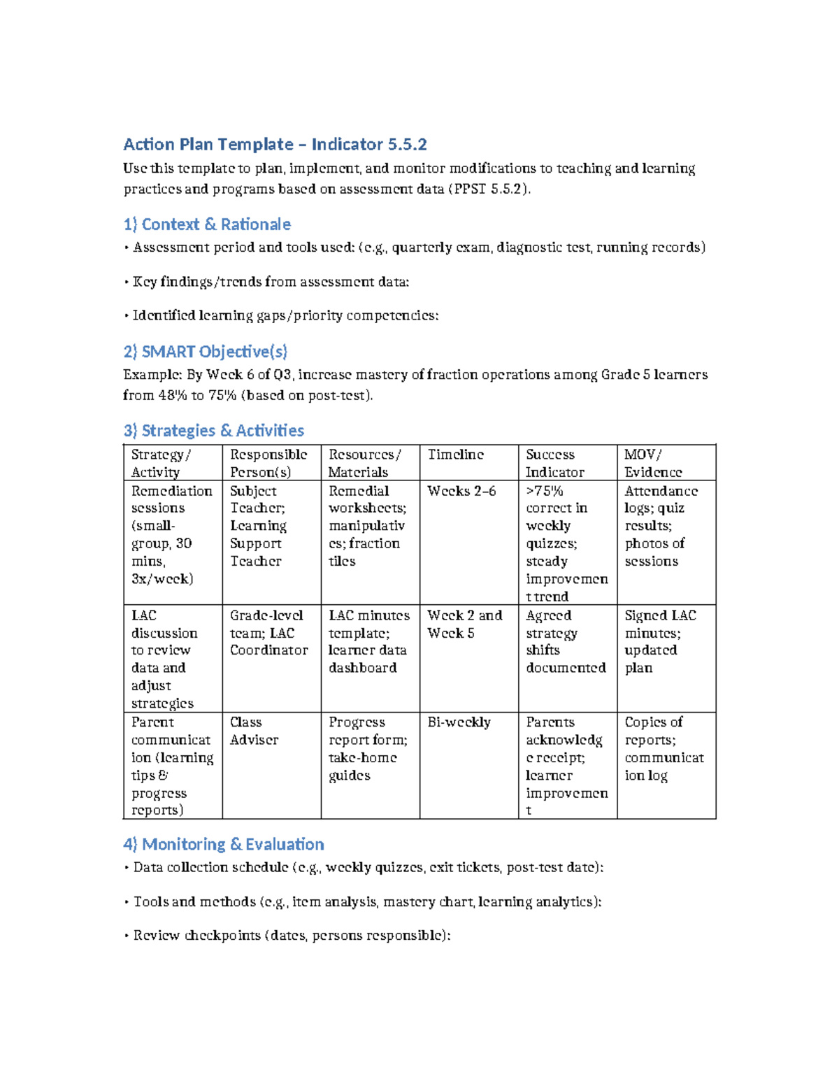Action Plan Template for 5.5.2 - Grade 1 Remedial Class Results - Studocu