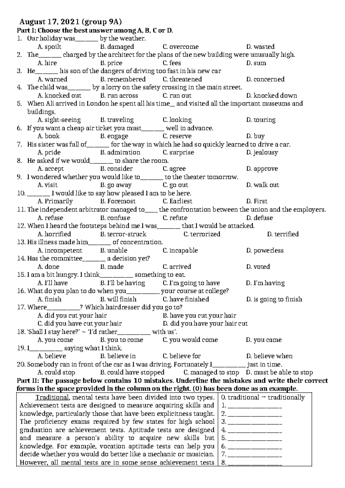 August 17, 2021 (Group 9A) - English Language Practice Exam - Studocu