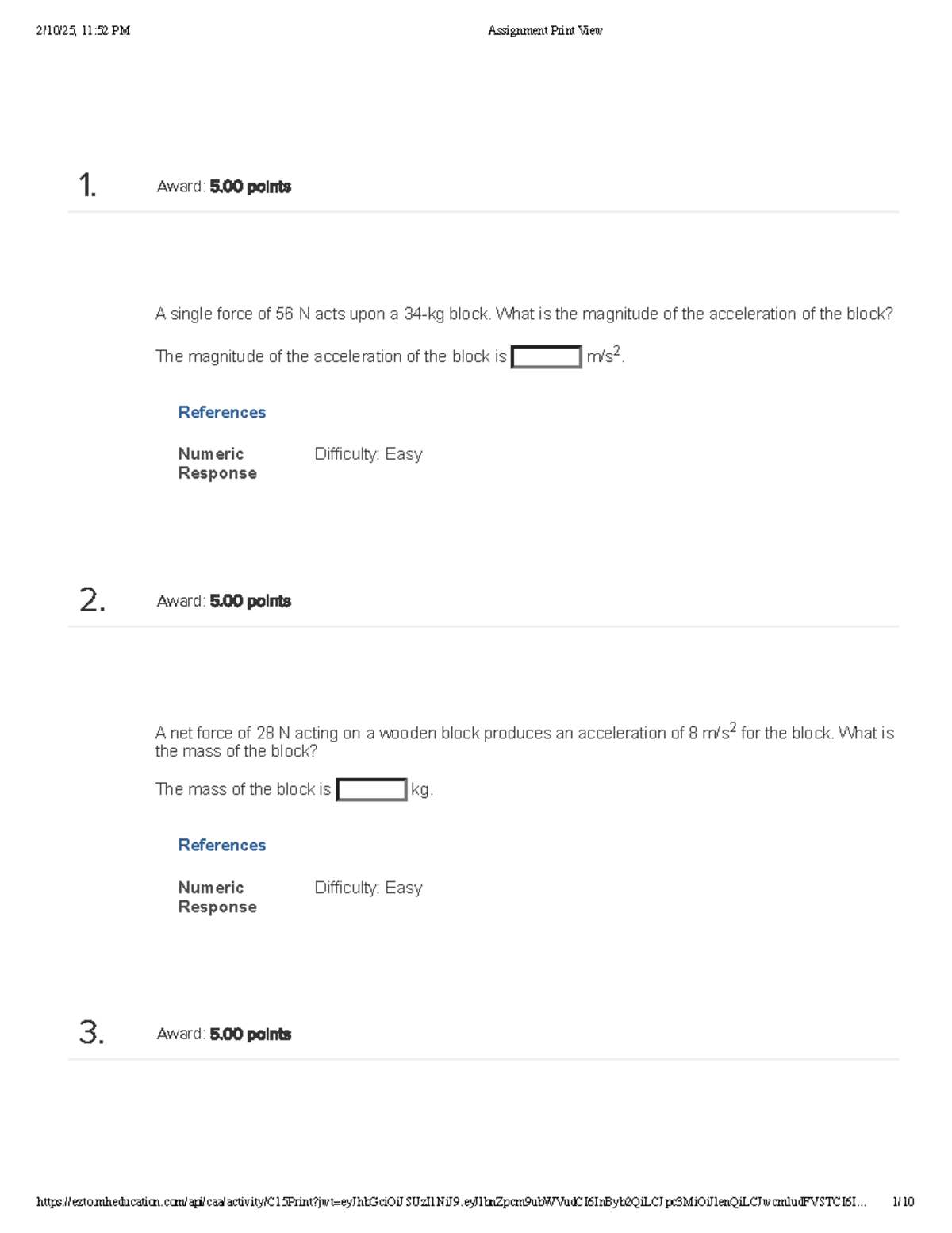 Physics Force and Motion Problems - Assignment C15 - 1. Award: 5 points ...