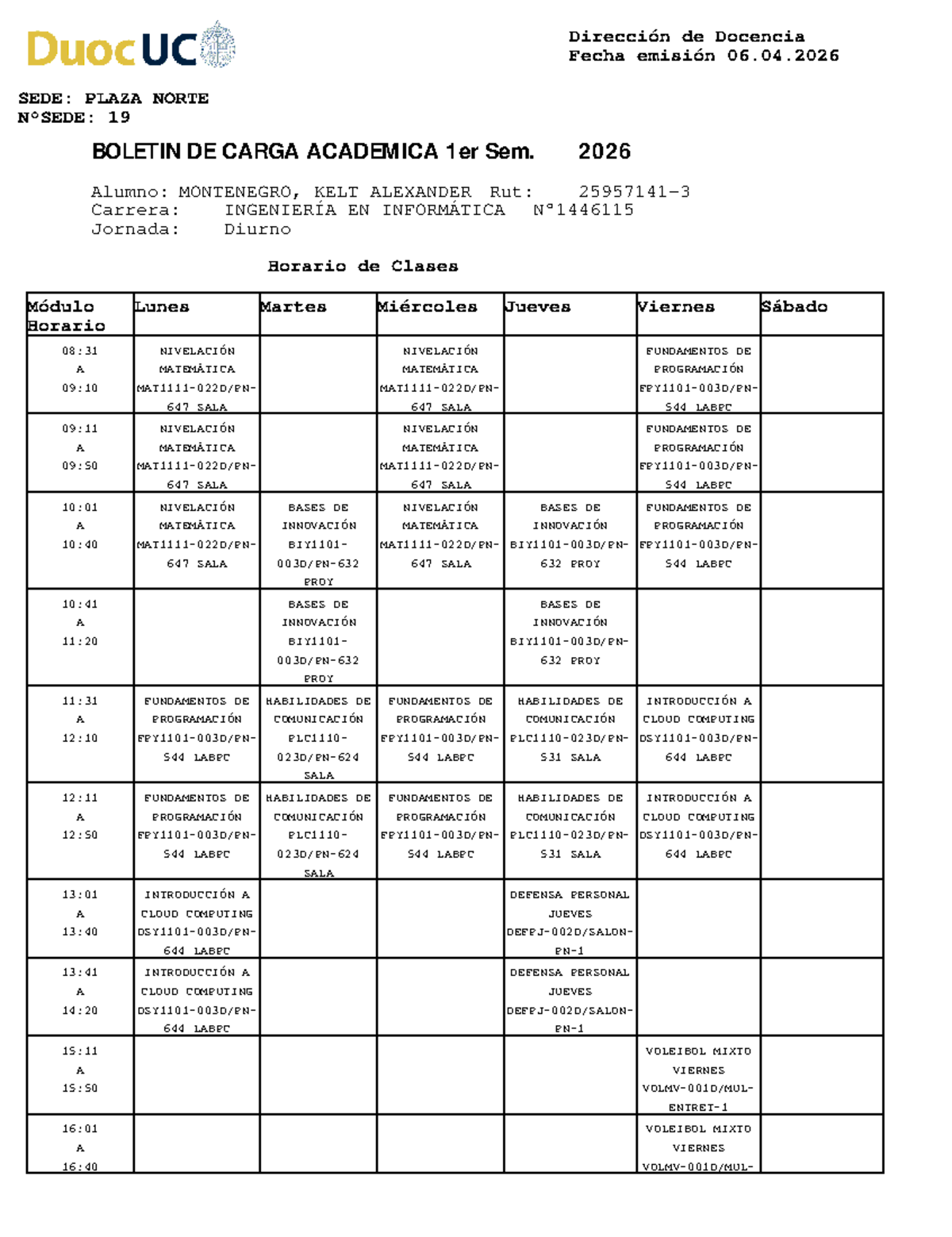 Horario Académico 1er Sem. 2026 - Ingeniería en Informática - Studocu
