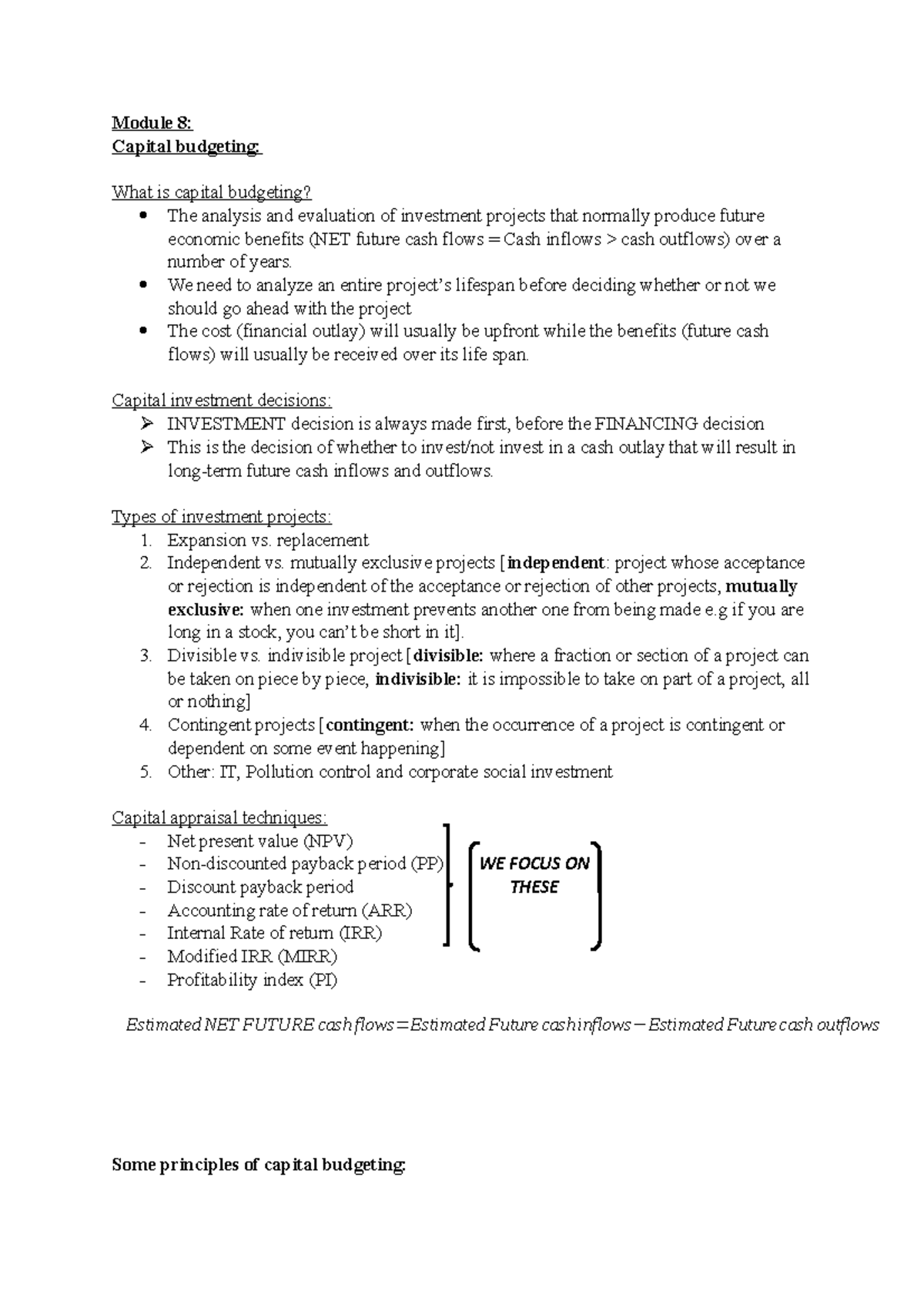 Module 8 - Capital Budgeting Lecture Notes Overview - Studocu