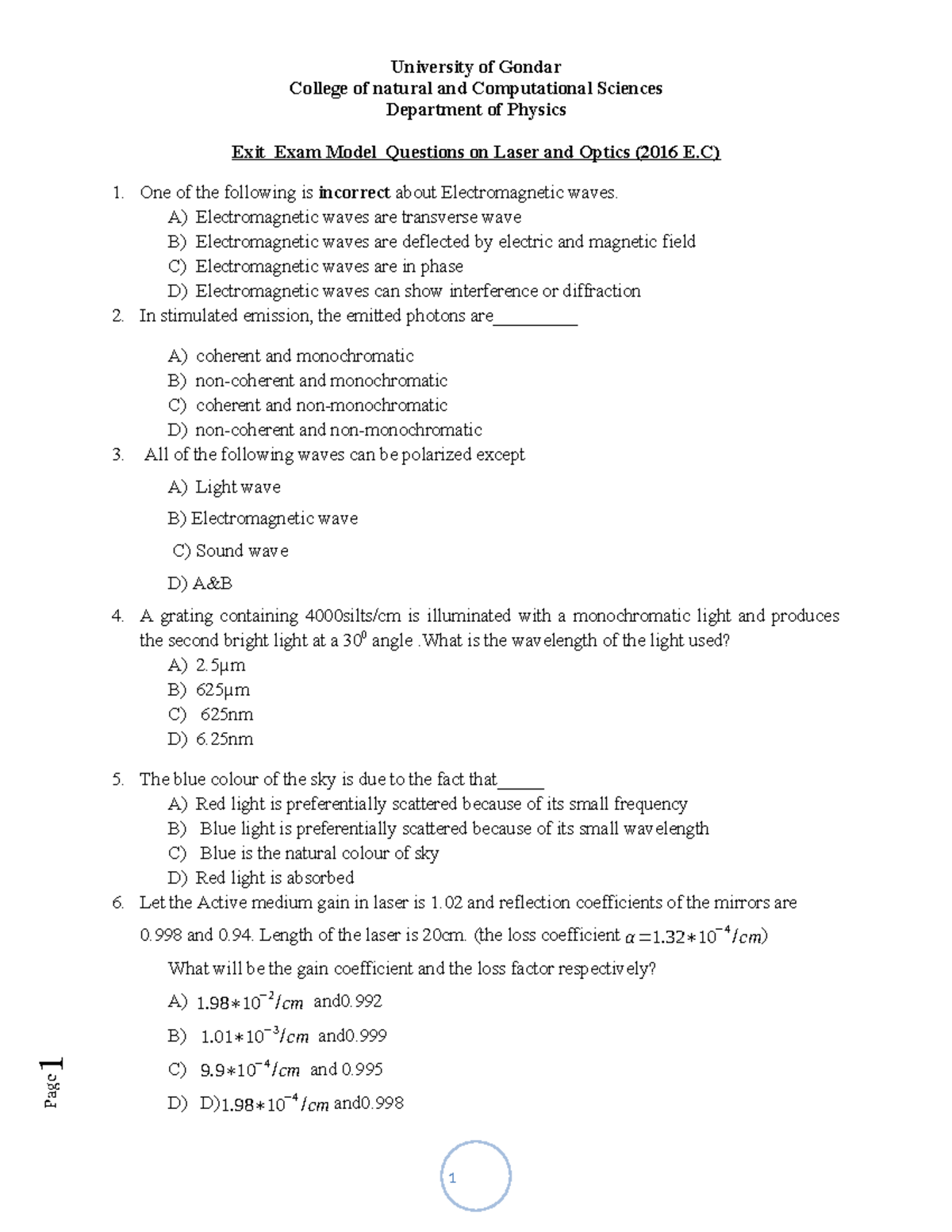 2016 E.C Physics Exit Exam Questions on Laser and Optics - Studocu