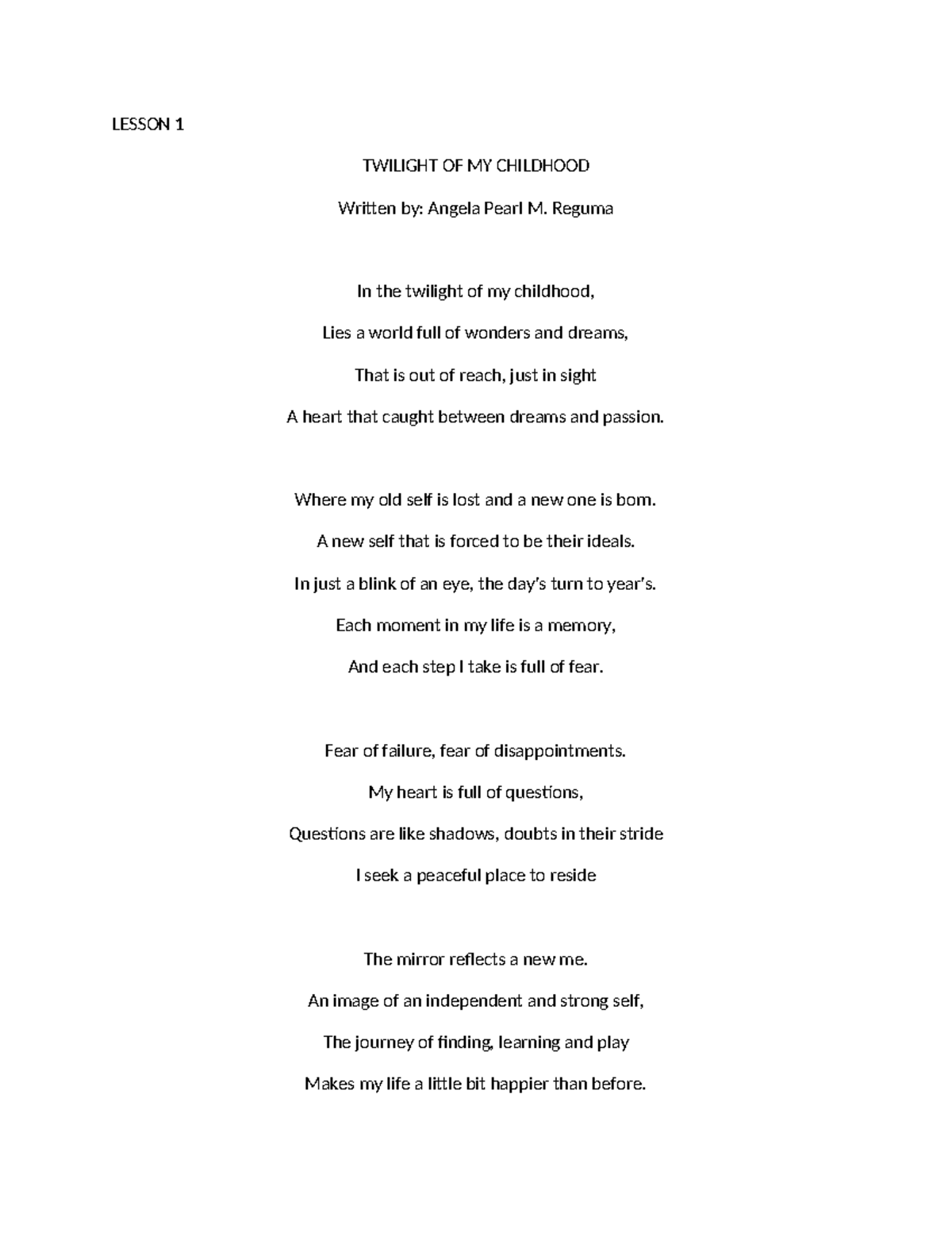 ART APP - Lesson 1: Twilight of My Childhood Reflection - Studocu