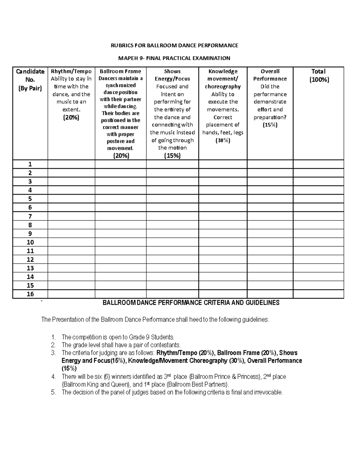Ballroom Dance Performance Rubrics - MAPEH 9 Final Exam - Studocu