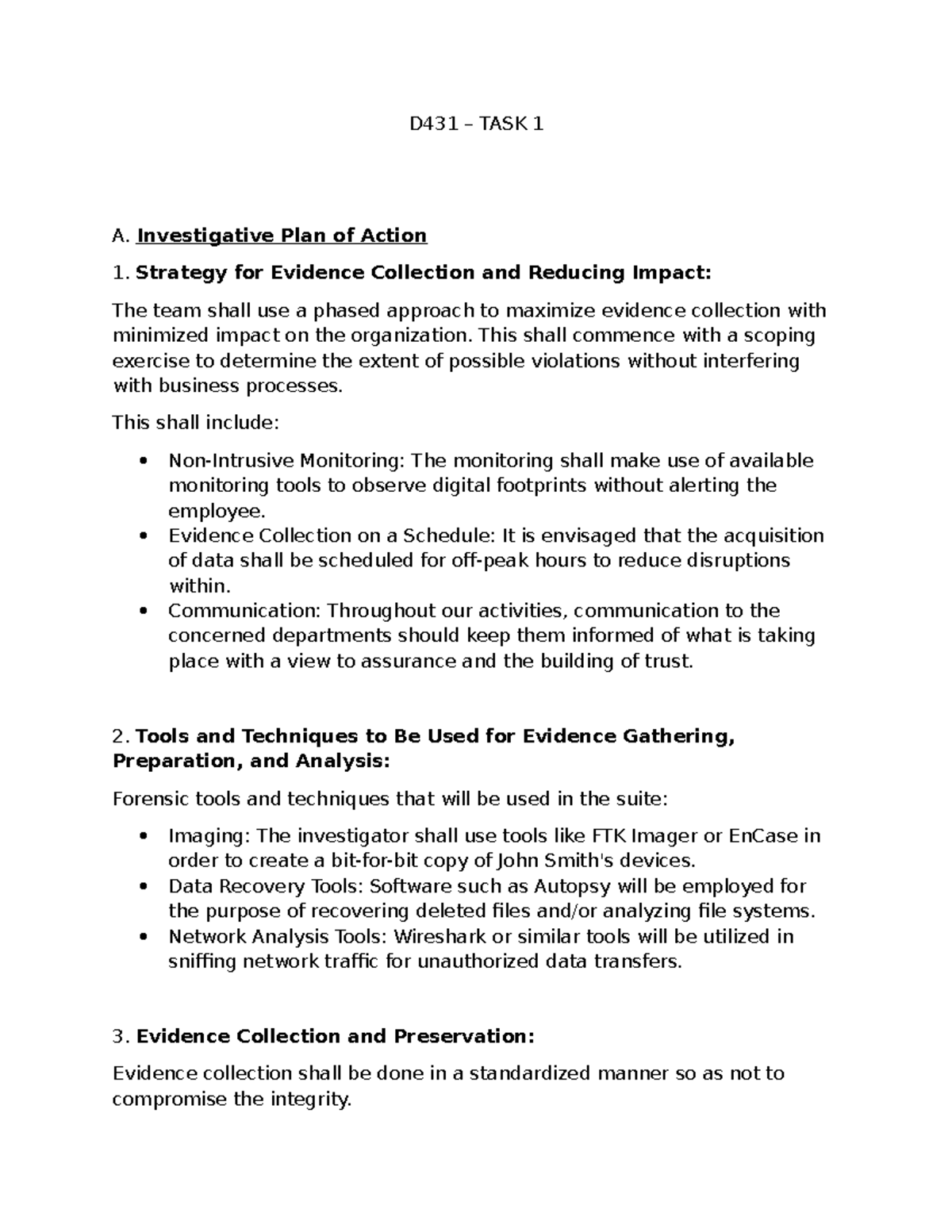 D431 Task 1 - Investigative Plan for Evidence Collection - Studocu