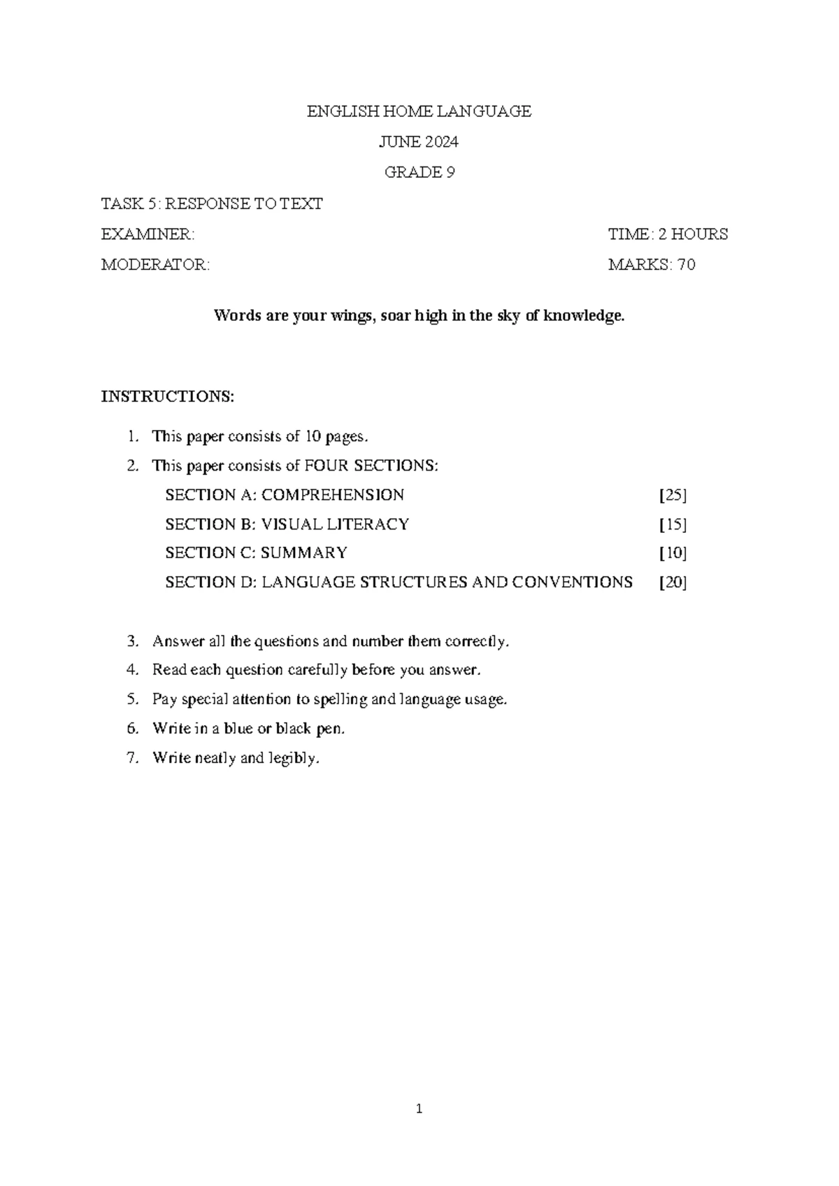 Grade 9 Enghl Term 1 Task 3: Response to Literature Exam Guide - Studocu