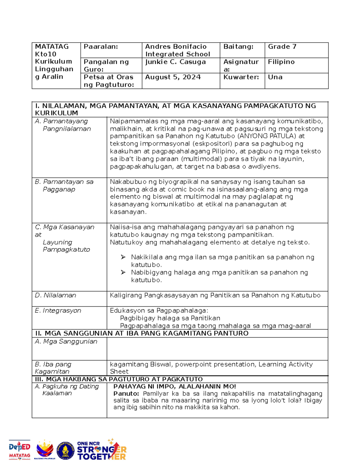 WEEK 1 Unang ARAW - Lesson Plan for Filipino (Grade 7) - Studocu