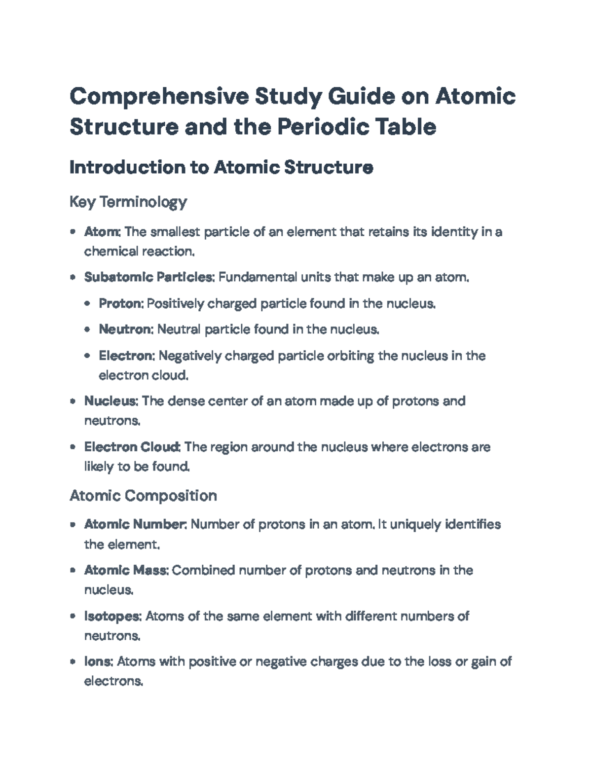 Comprehensive Study Guide: Atomic Structure & Periodic Table Concepts - Comprehensive Study ...
