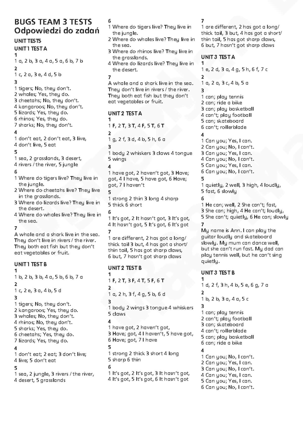 Bugs Team 3 Tests: Klucz Odpowiedzi dla Testów Unit 1-6 - Studocu