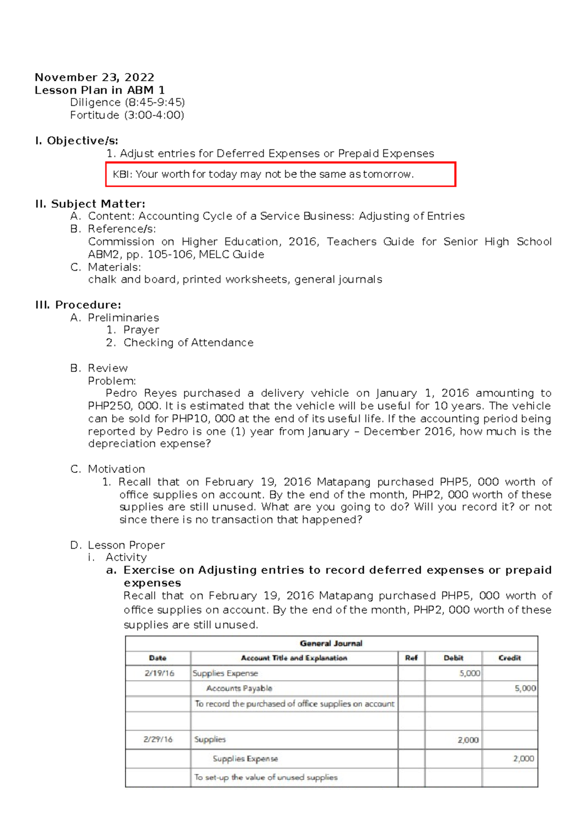 ABM 1 Lesson Plan: Adjusting Entries for Deferred Expenses - Studocu