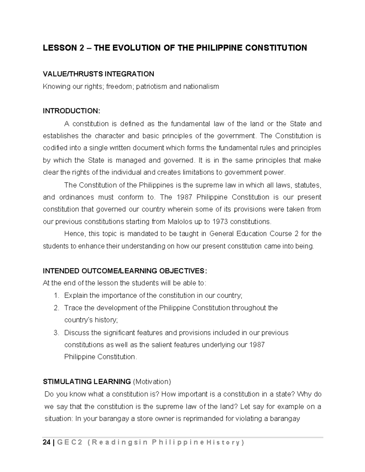 GEC 2 Lesson 2: The Evolution of the Philippine Constitution - Studocu