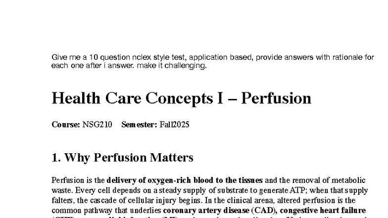 NCLEX Style Test on Perfusion Concepts for NSG210 - Fall 2025 - Studocu