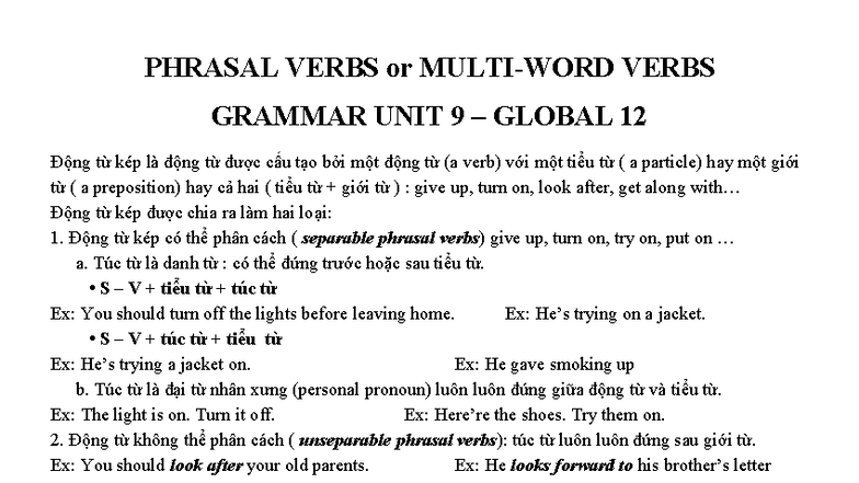 Grammar UNIT 9: Phrasal Verbs - Comprehensive Guide and Exercises - Studocu