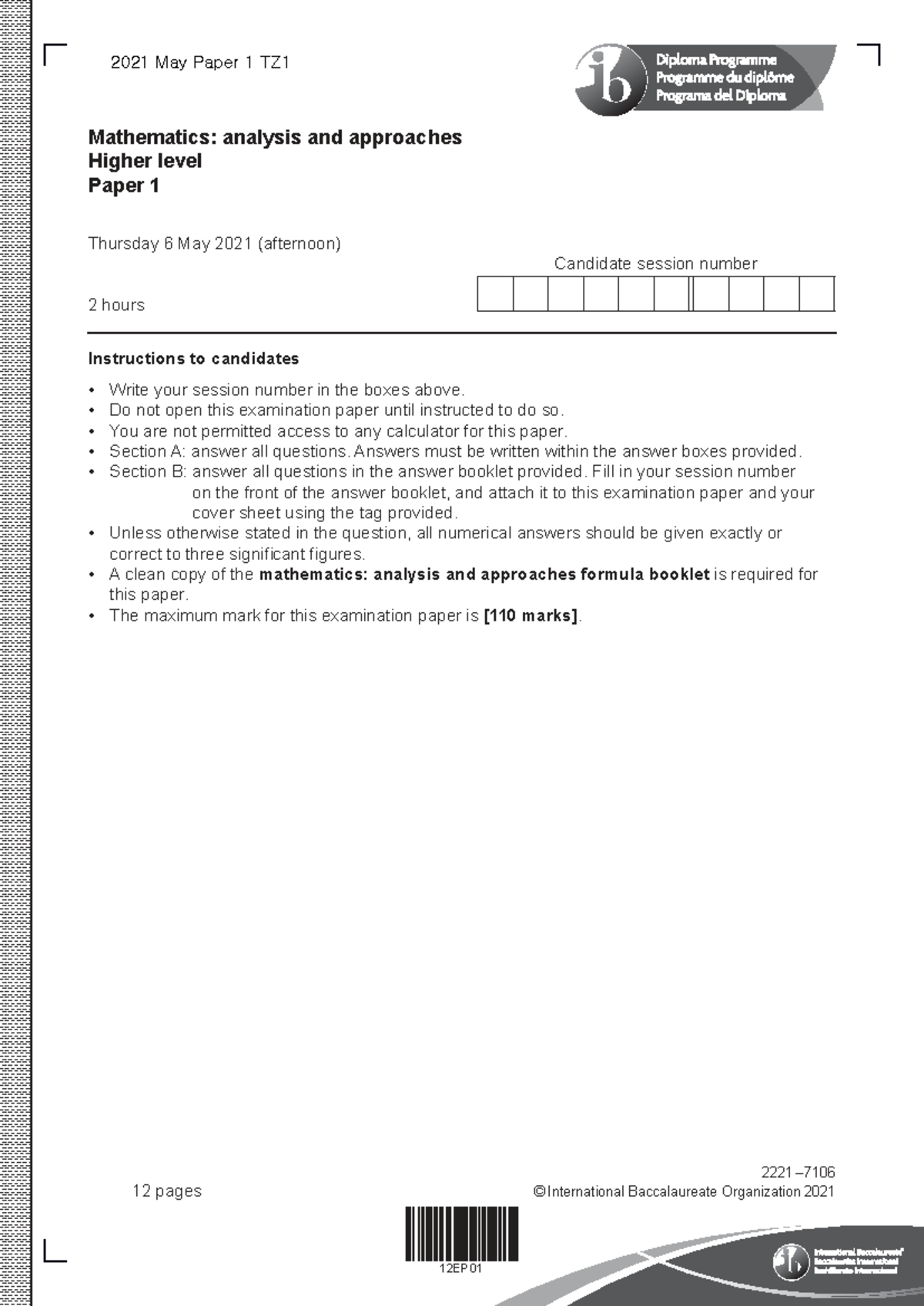 IB Math AA HL 2021 May Paper 1 TZ1 Exam Questions and Solutions - Studocu