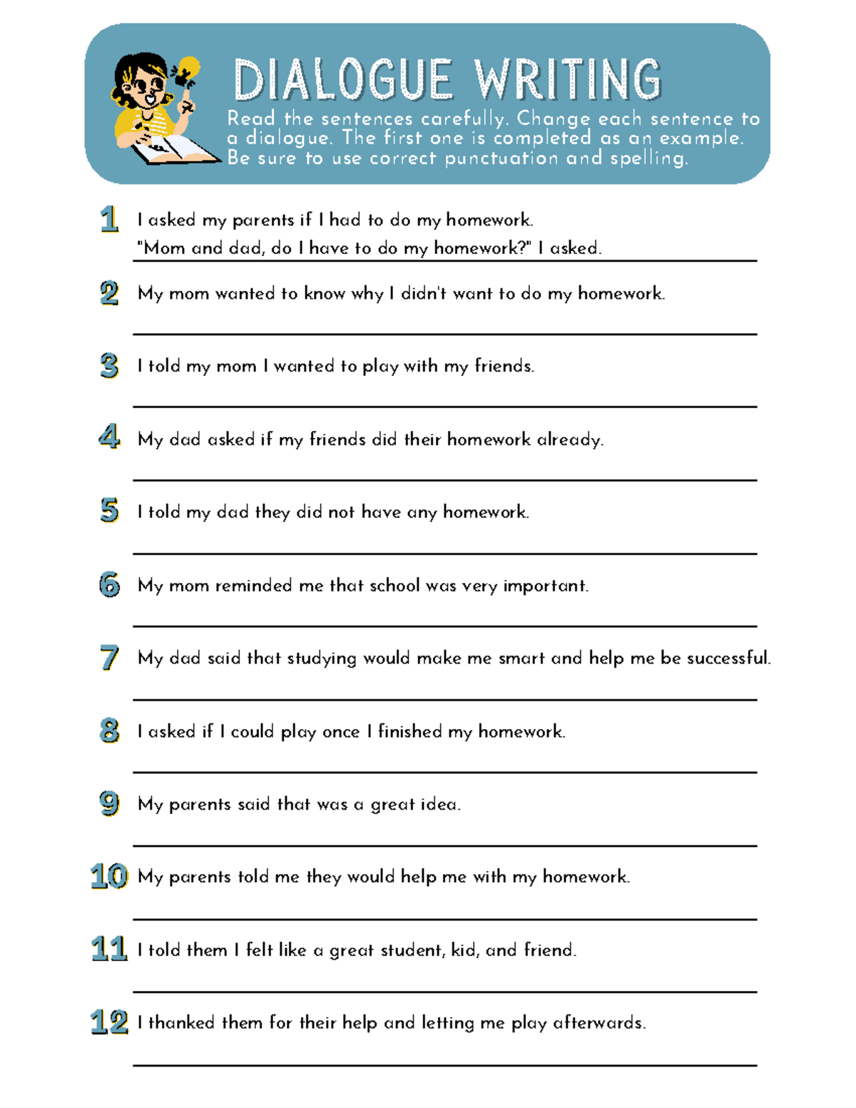 Dialogue Conversion Writing Worksheet: Transforming Sentences into ...