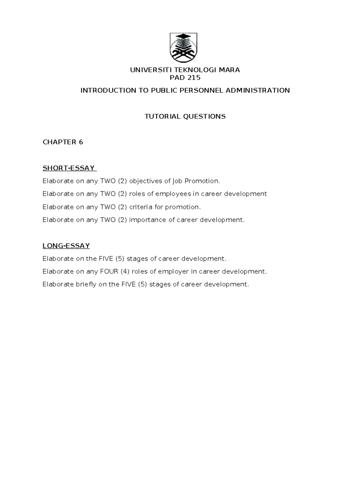 Chapter 6 Tutorial Questions Career Development & Promotion PAD215 ...