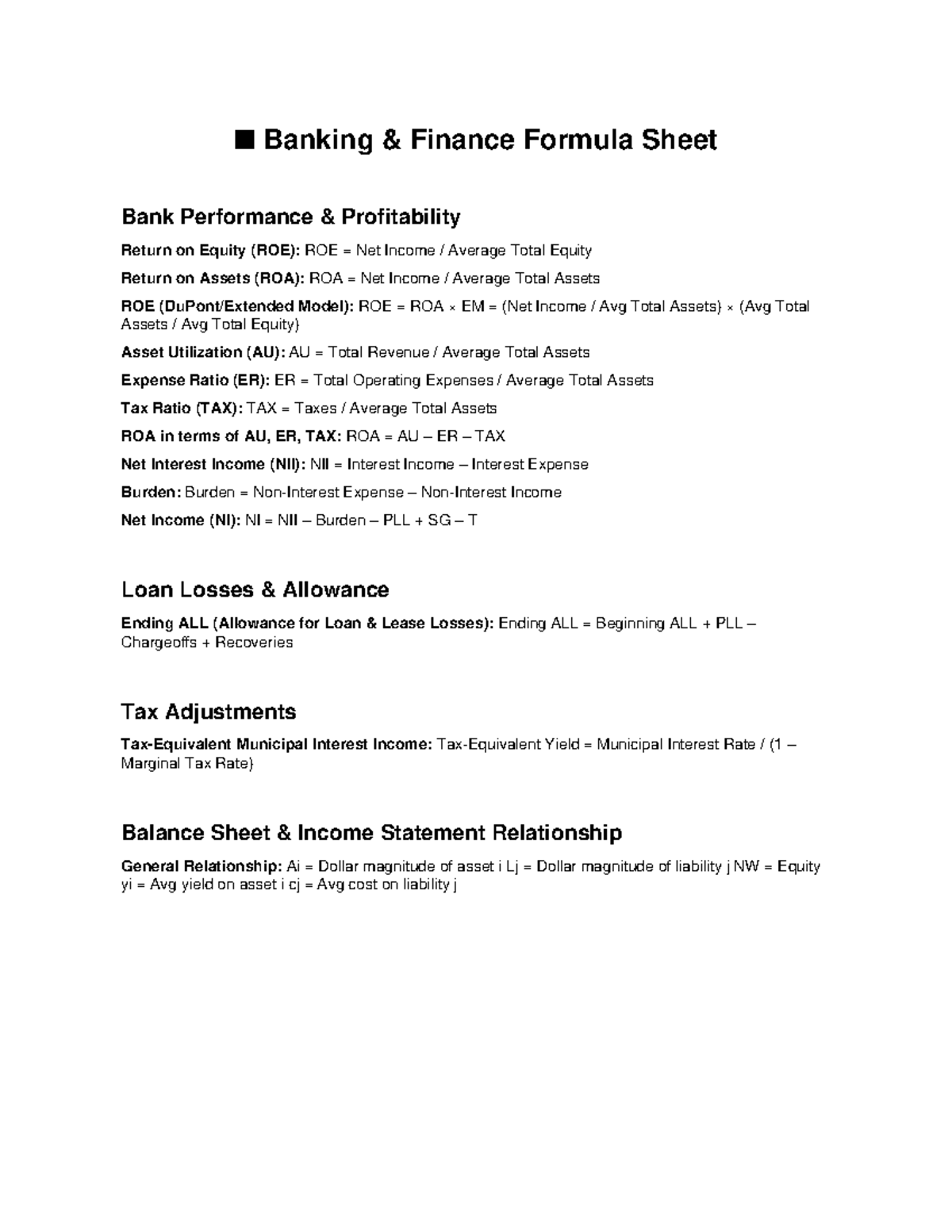 Banking Finance Formula Sheet: Performance & Profitability Metrics ...