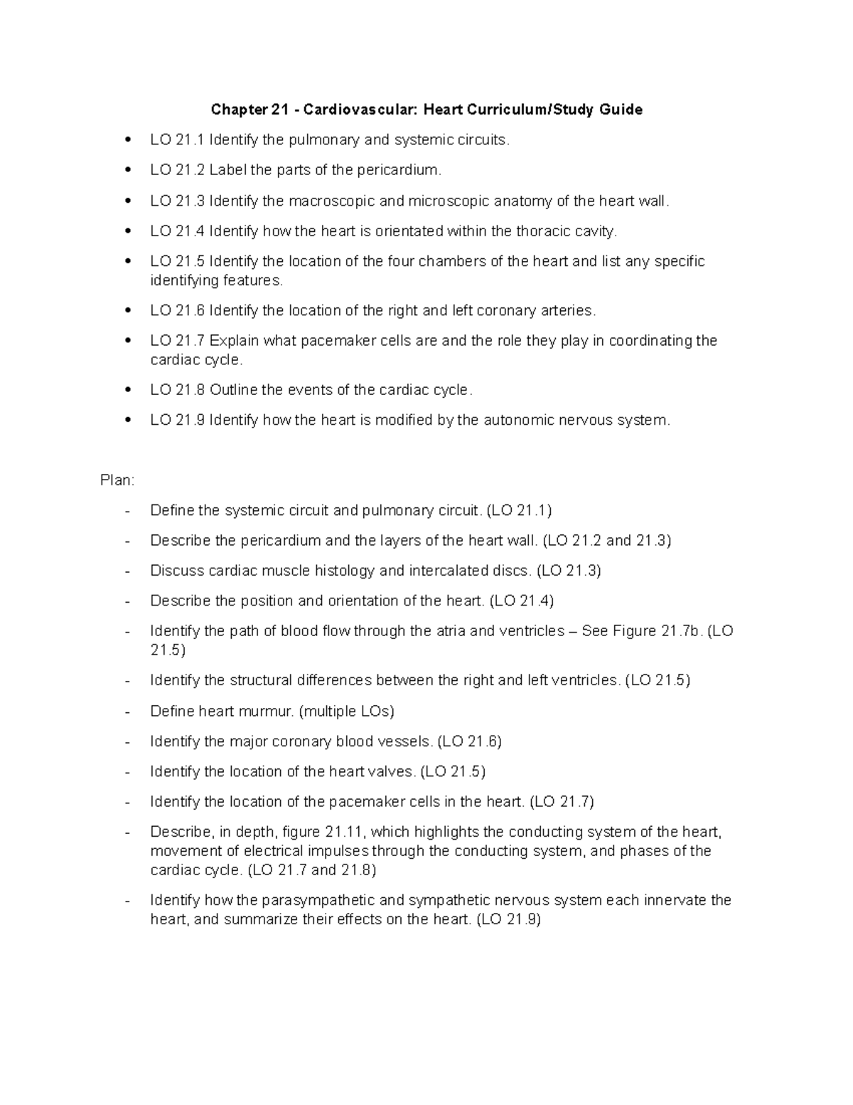 Chapter 21 - Cardiovascular System: Heart Study Guide & LOs - Studocu