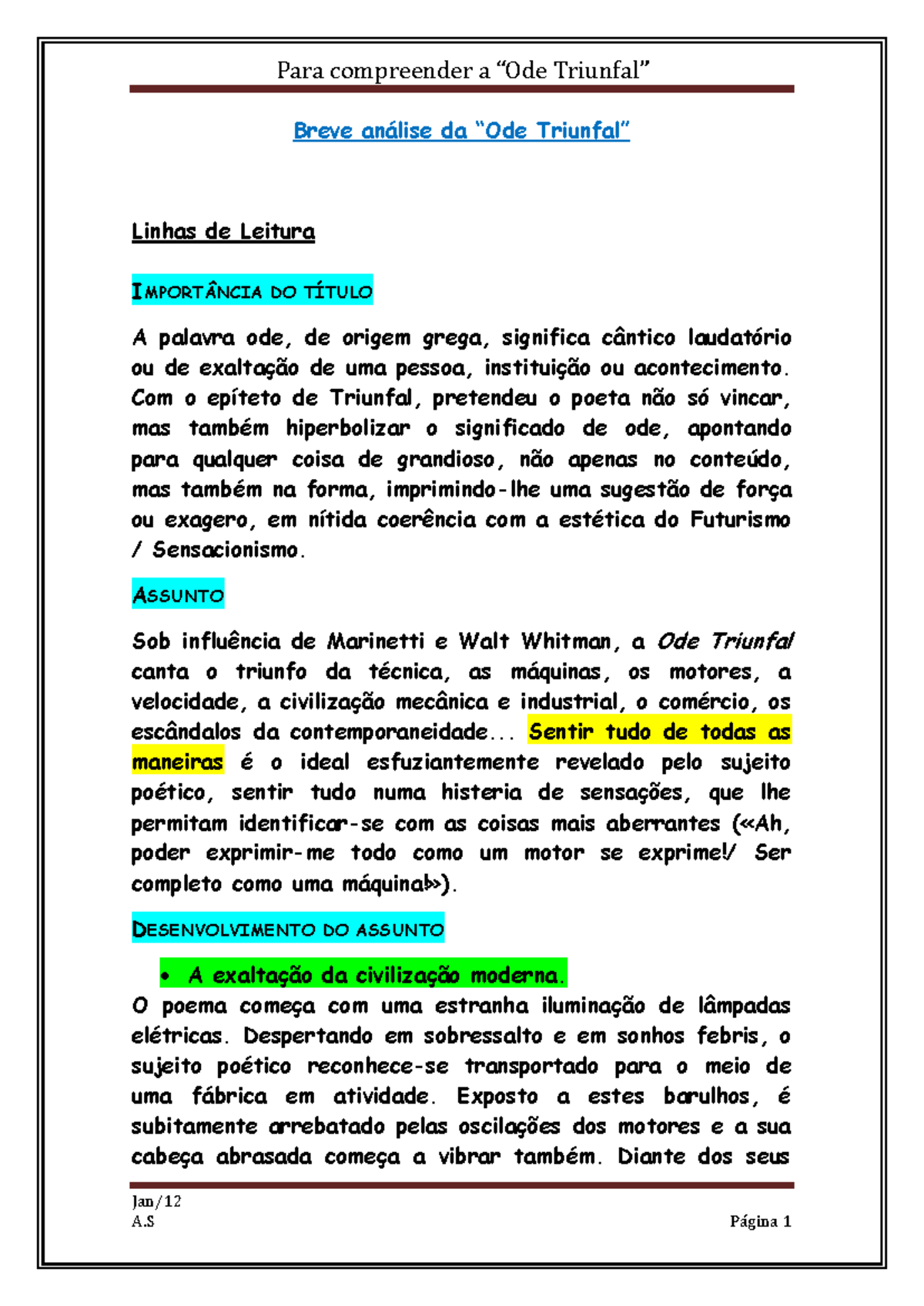 Análise Crítica da "Ode Triunfal" de Álvaro de Campos - Studocu
