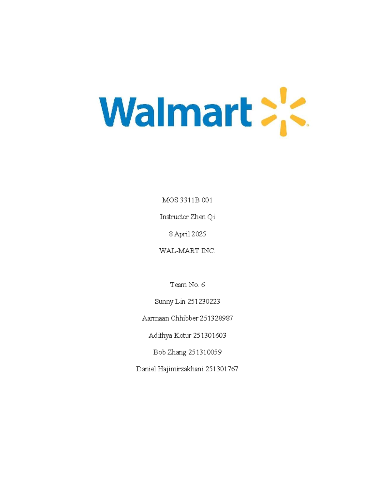 MOS 3311B 001 Financial Analysis of Walmart Inc. - Team Report - Studocu