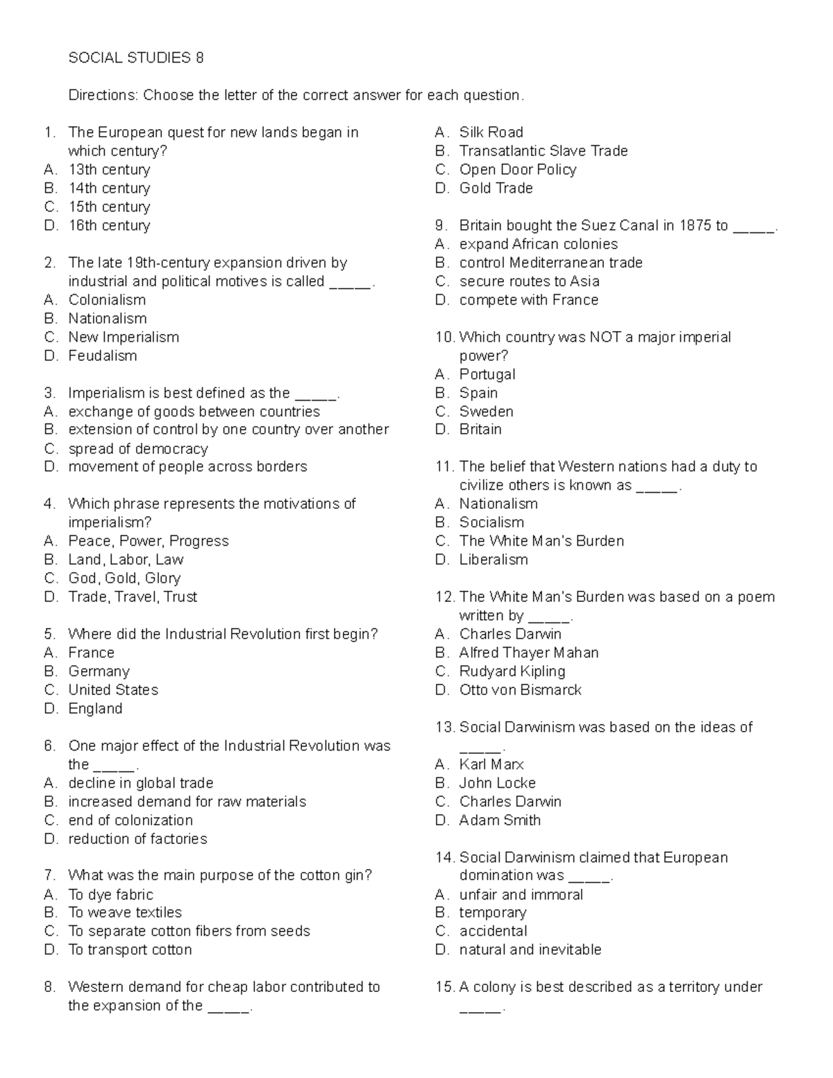 Social Studies 8 - Practice Test on Imperialism and Industrial ...