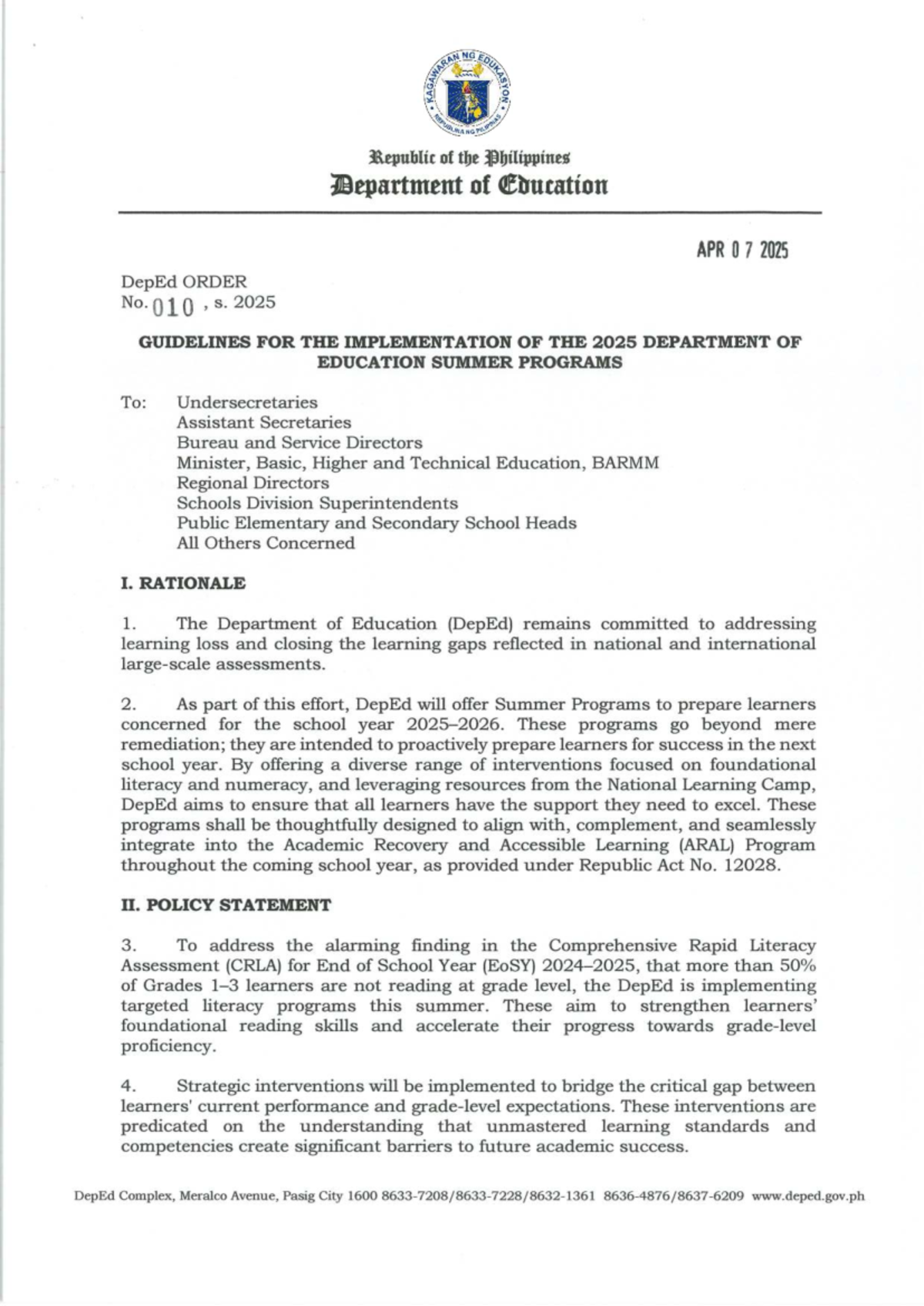 DepEd Order No. 010, S. 2025: Guidelines for 2025 Summer Programs - Studocu