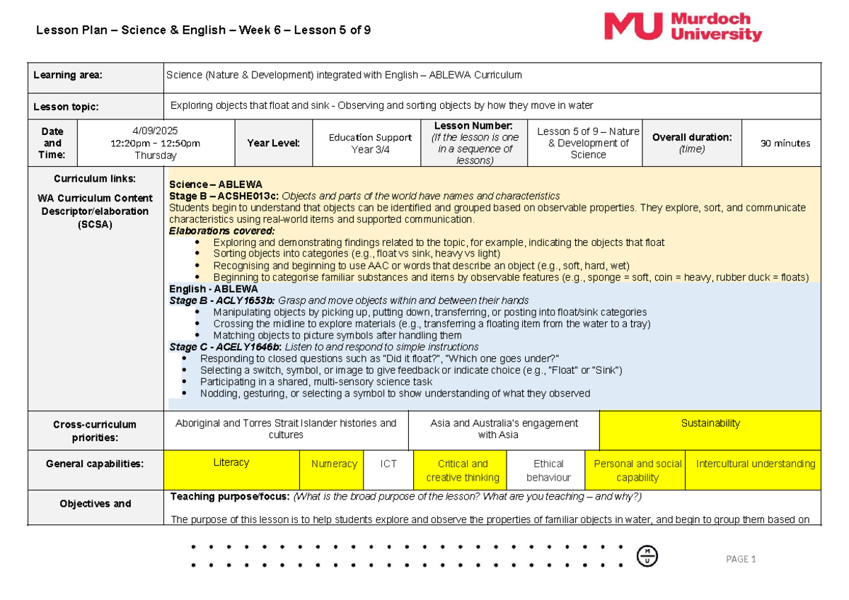 Lesson Plan: Exploring Float vs. Sink - Science & English (EDN2104 ...