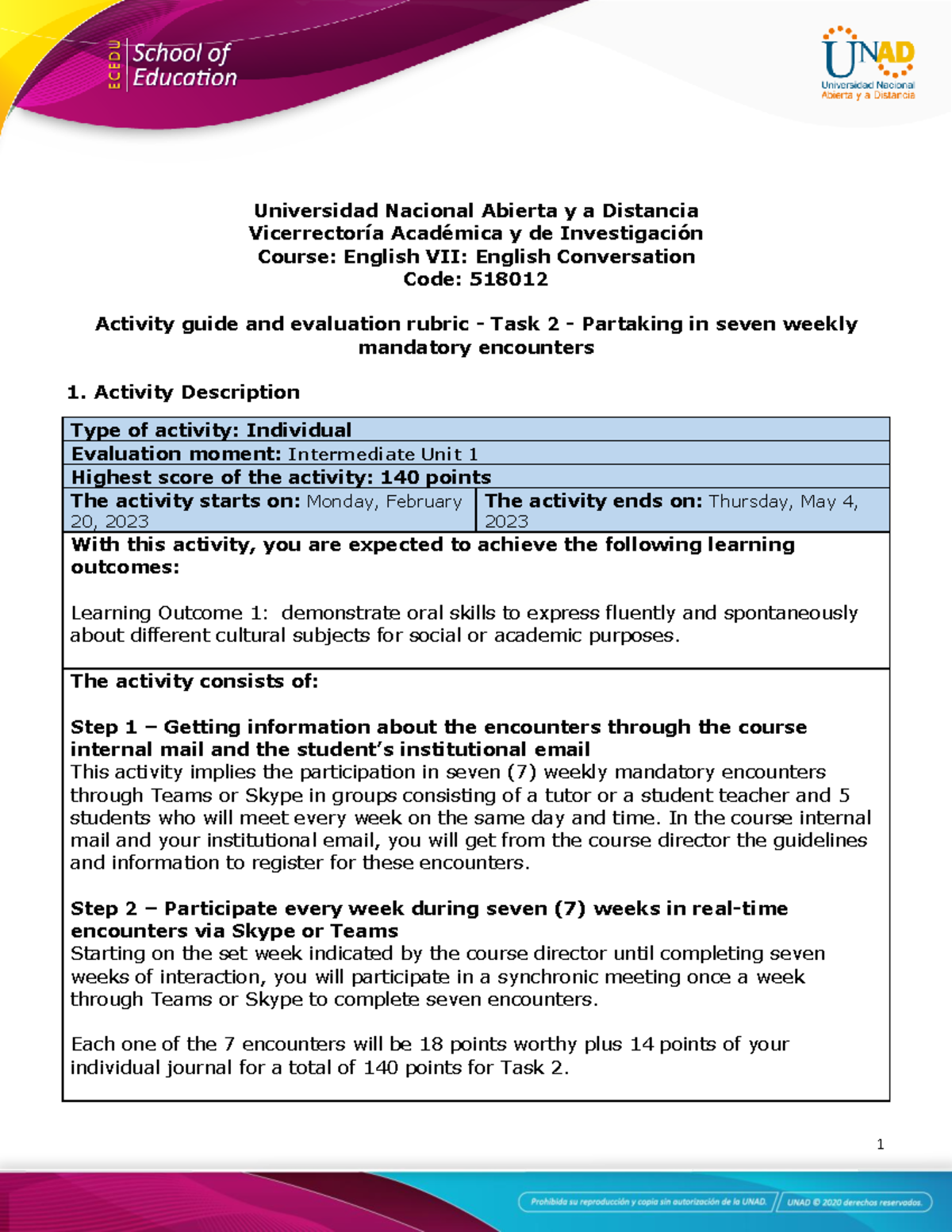 Activity Guide & Evaluation Rubric - English VII (518012) - Unit 1 Task 2 - Studocu