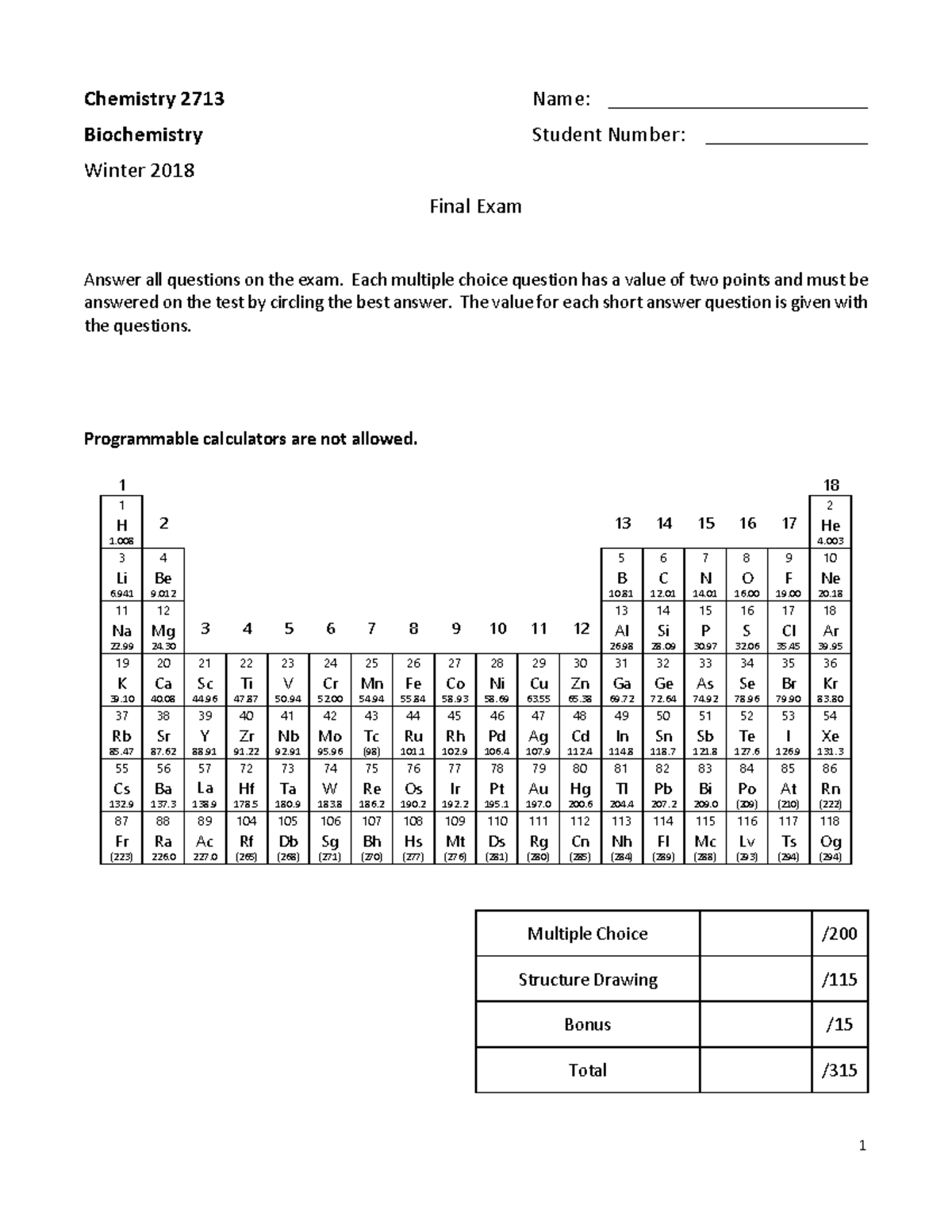 Biochemistry 2713 Final Exam Answers - Winter 2018 - Studocu