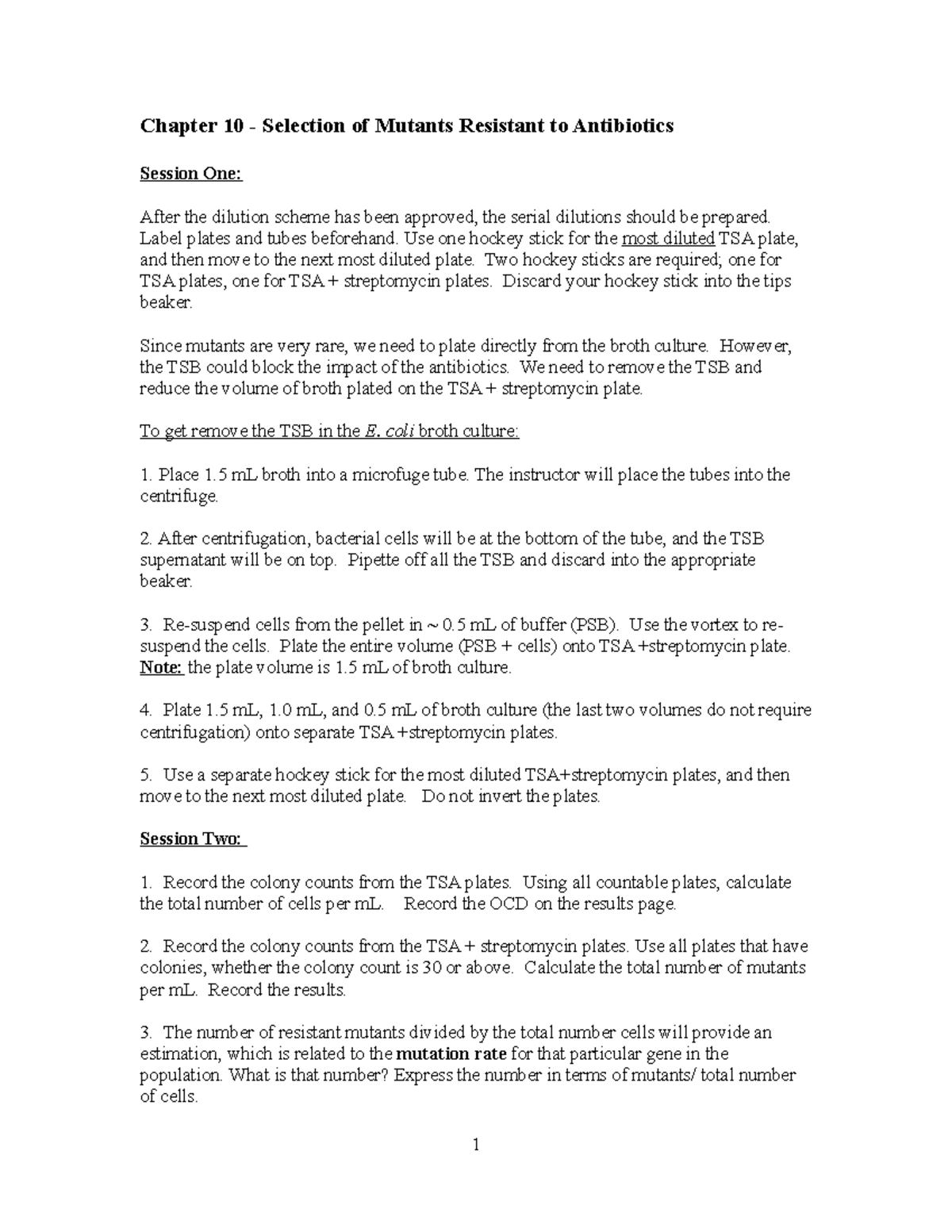 Chapter 10 Selection - Chapter 10 - Selection of Mutants Resistant to Antibiotics Session One ...