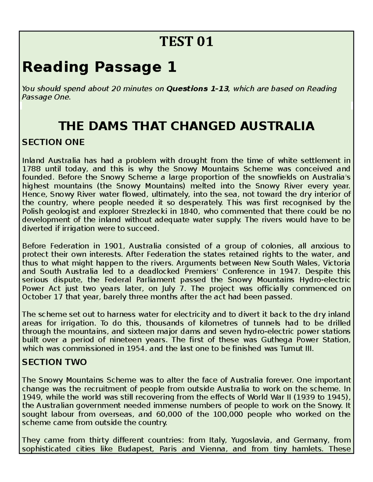 TEST 01 - For practice - TEST 01 Reading Passage 1 You should spend ...